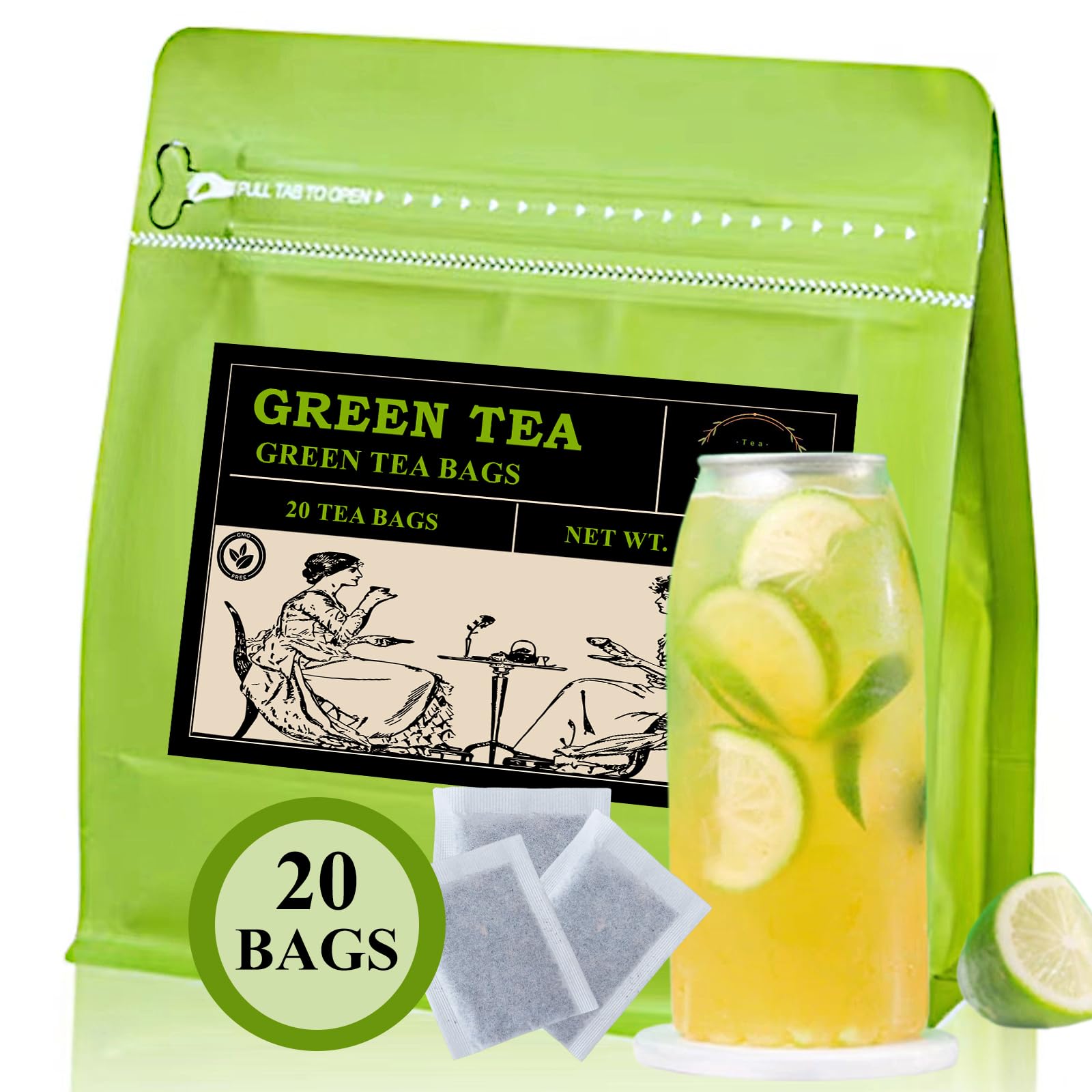 CHERSE, Green Tea Bags, Longjing Tea Bags, Dragon Well Tea Bags, 20 Count (Pack of 1)