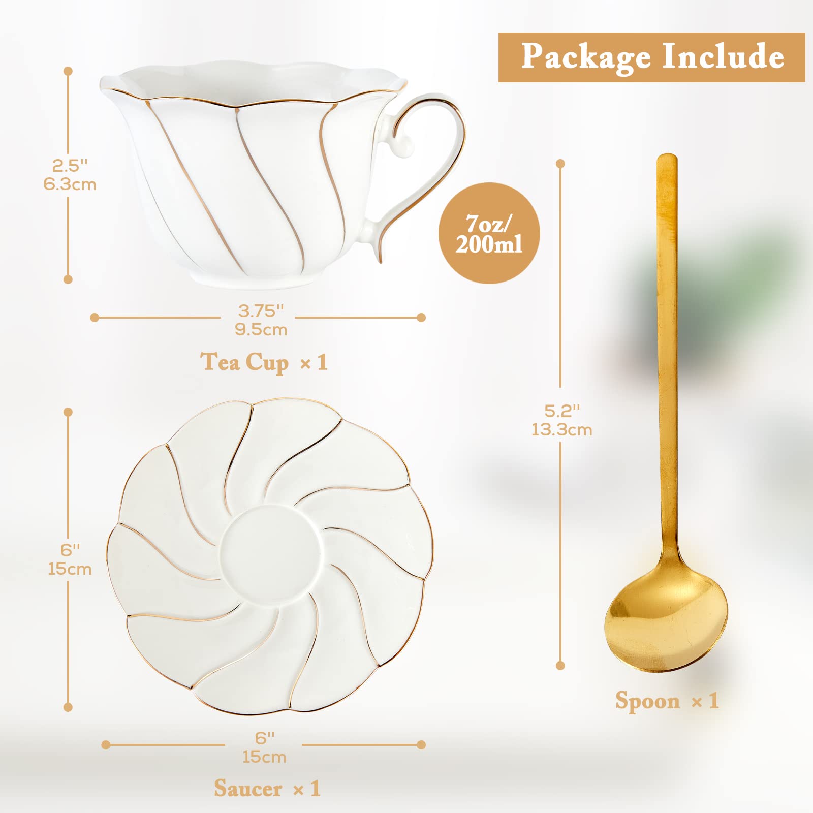 DUJUST 3 pcs Porcelain Tea Cup and Saucer Set with Tea Spoon, Luxury British Style Tea/Coffee Cup Set with Golden Trim, Beautiful Tea Set for Living Room Decoration & Tea Party