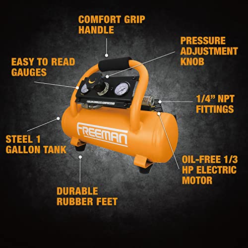 Freeman PE20V1GCK 20 Volt Cordless 1 Gallon 1/3 HP Portable Air Compressor Kit with Lithium-Ion Battery and Charger β 700 Shots per Charge