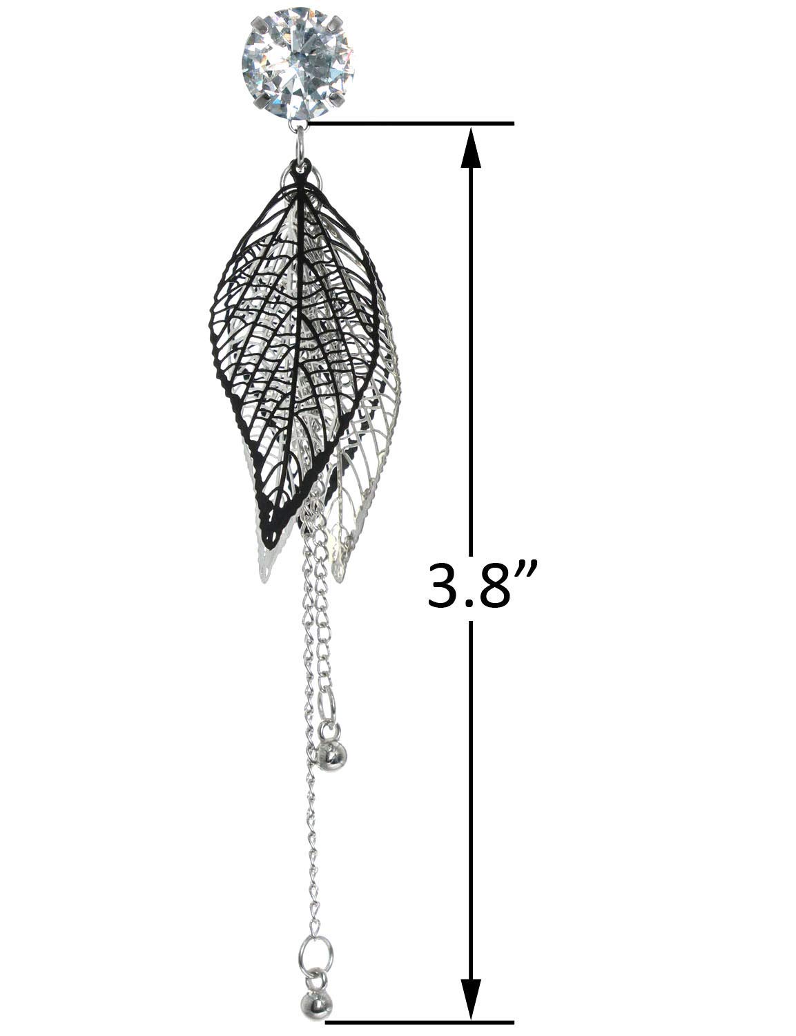 Cubic Zirconia Stainless Steel Dangle Silver Black Leaves Ear Tunnels Gauge Piercing Plugs Stretcher with O-ring 4g 5mm