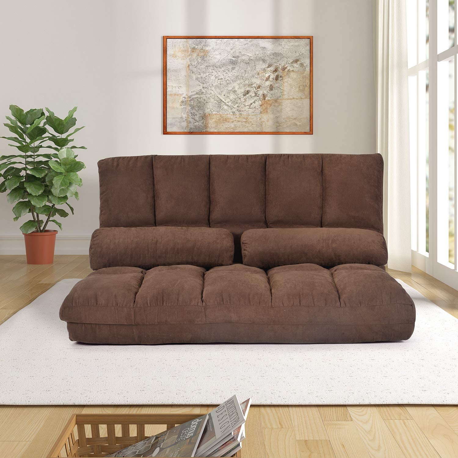 EMKK Floor Chair with Back Support -Double Chaise Lounge Sofa Seating for Adults & Kids,w/Folding Adjustable Couch Fully Folding Backrest 2 Pillows Gaming Living Room,Brown