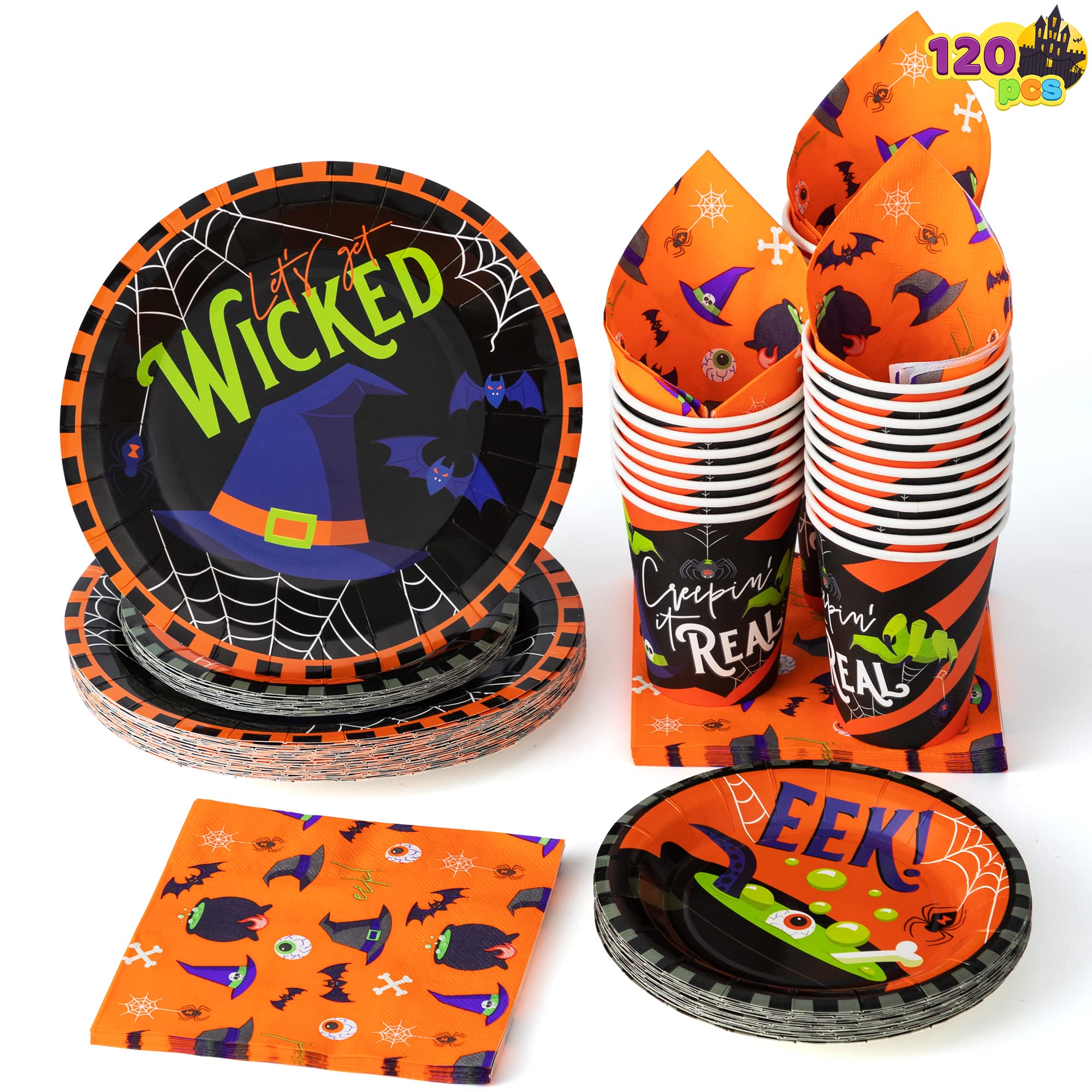 JOYIN 120 PCS Halloween Party Supplies Set with 30 Pcs Plastic Cups, 30 Pcs 9" Paper Plates, 30 Pcs 7" Plates and 30 Pcs Napkins (Serve 30), Halloween Themed Tableware Set Party Decorations