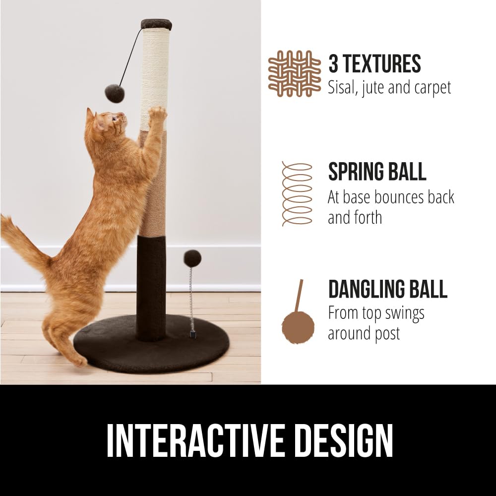 Gorilla Grip Heavy Duty Cat Scratching Post, All Natural Rope, Plush Carpet Secure Base Indoor Scratcher Cats, Kitten Nail File Tower, Spring and Rope Balls, Tall Sturdy Toy for Adults, Small Gray