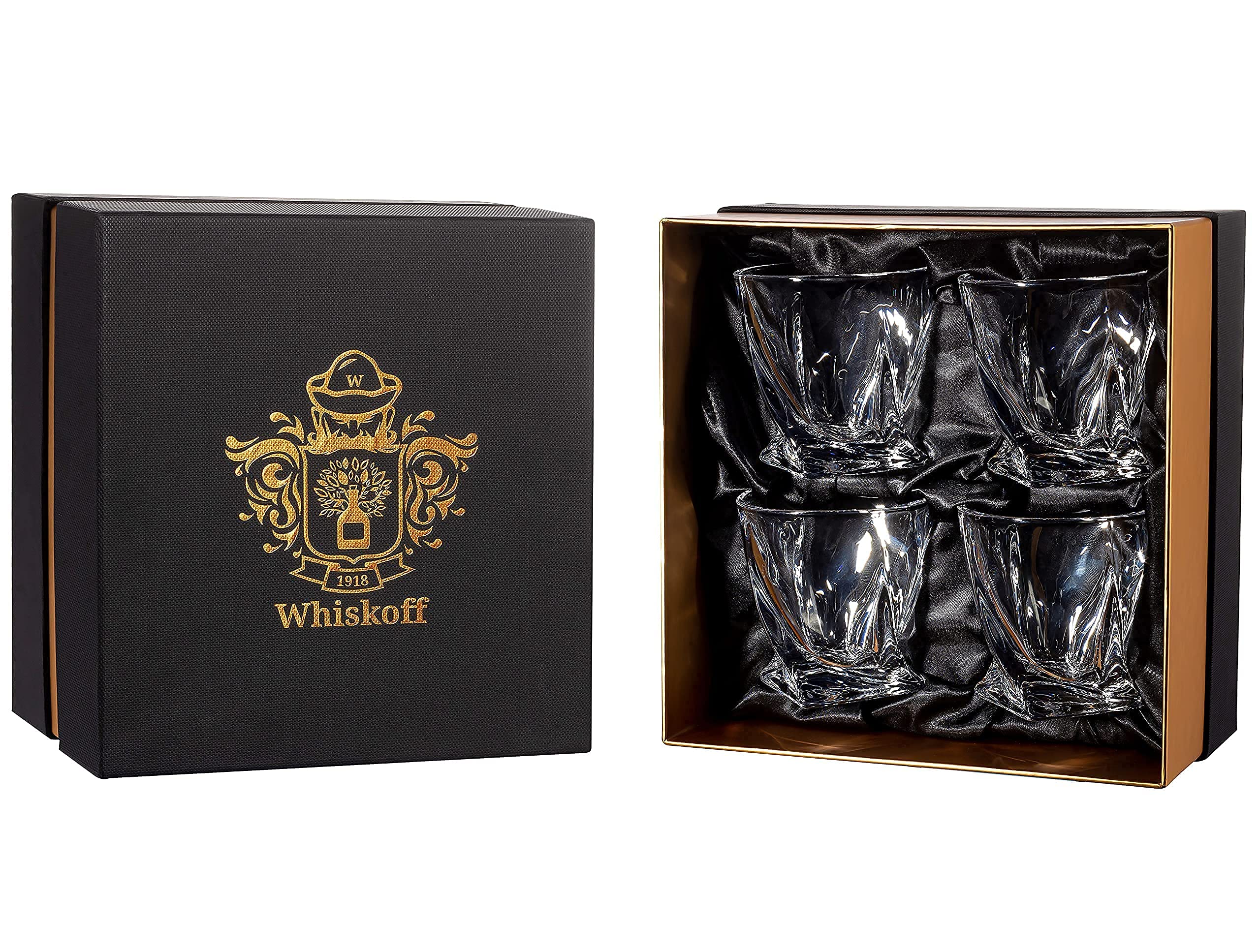 Crystal Whiskey Glasses Set of 4 - Luxury Satin-Lined Gift Box - Old Fashioned Whisky Cocktail Glasses with Rocks, Whisky Glass for Drinking Bourbon, Scotch, Cognac, Highball - Drink glasses