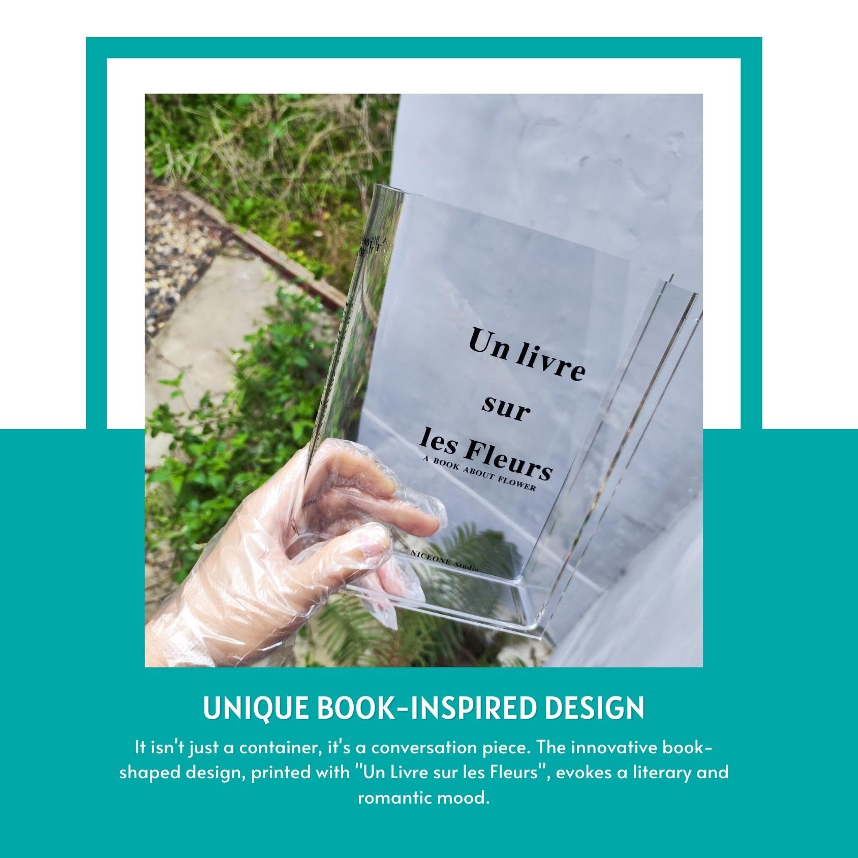 Clear Book Vase for Flowers - Innovative Transparent Acrylic Vase - 'Un Livre sur les Fleurs' Book Design