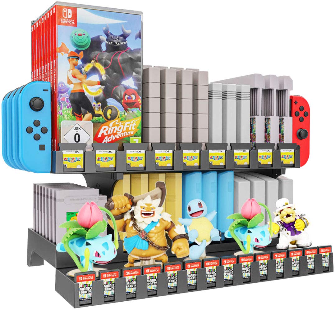 Skywin- Retro Cartridge Game Holder Compatible with Nintendo Gameboy, Video Game Storage, NES, N64, and 3DS Games, Includes Slots for Switch Tablet, Joycon Controllers, and Amiibo Display