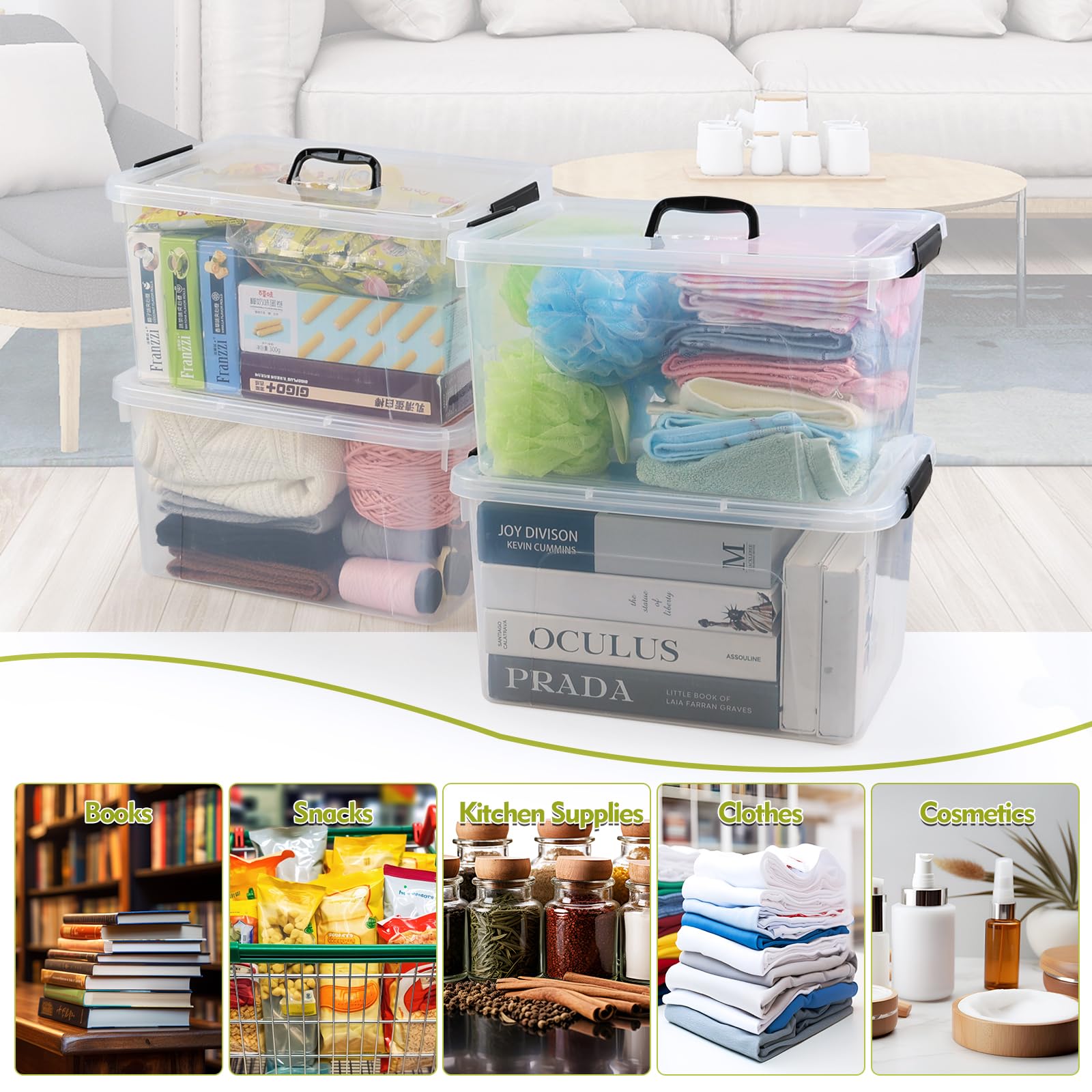 Fabnati 4-Pack 17.5 L Plastic Latching Storage Box, Clear Storage Bin with Handle