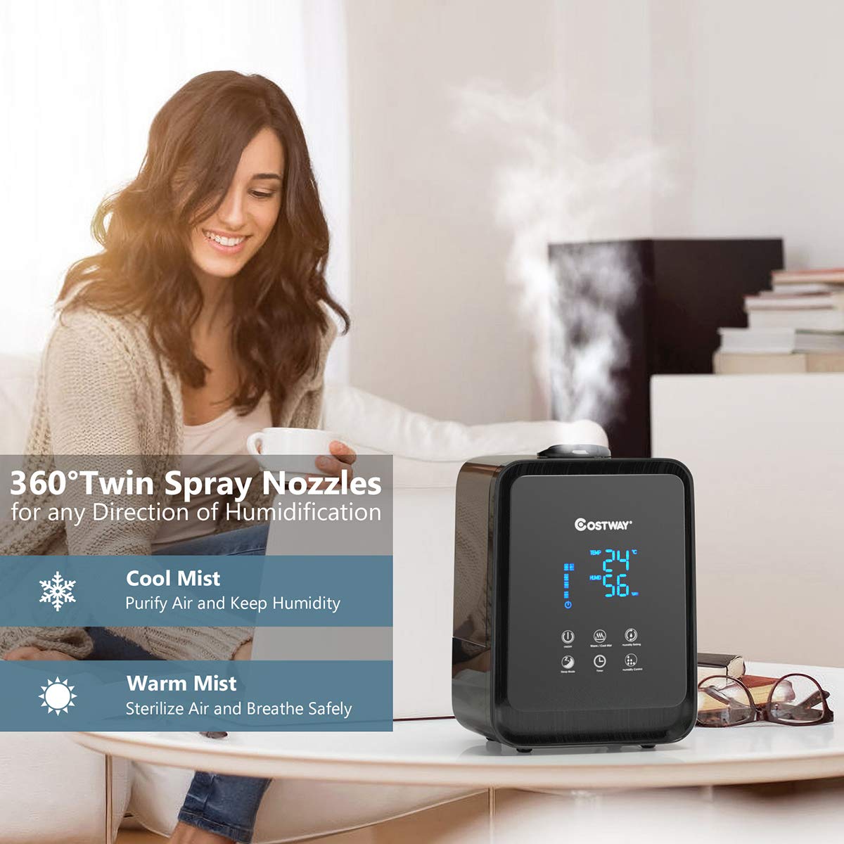 COSTWAY Ultrasonic Air Humidifier, 4.5L/1.2 Gallon, Warm and Cool Mist Humidifier, Whisper-quiet Operation, w/LED Touch Display and Remote Control, for Bedroom, Living room, and Baby room (Black)
