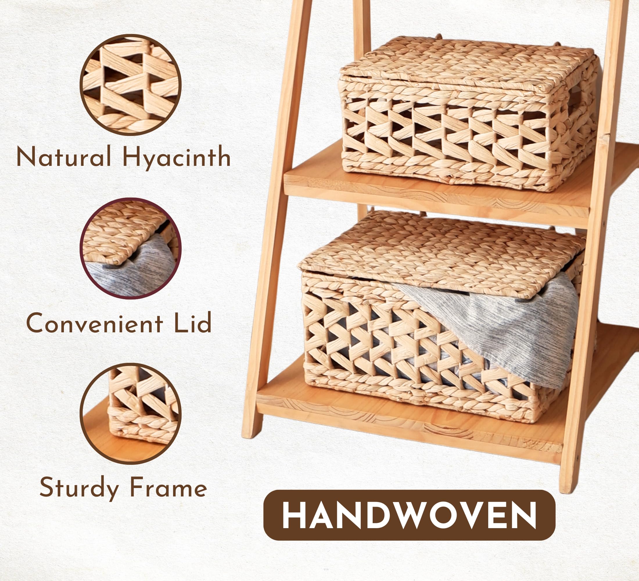 CHI AN HOME 14 Inch Wicker Storage Baskets with Lids, Set of 3 Rattan Lidded Hyacinth Baskets for Organizing, Woven Large Rectangular Basket Boxes, Basket with Top, Decorative Chest Organizer