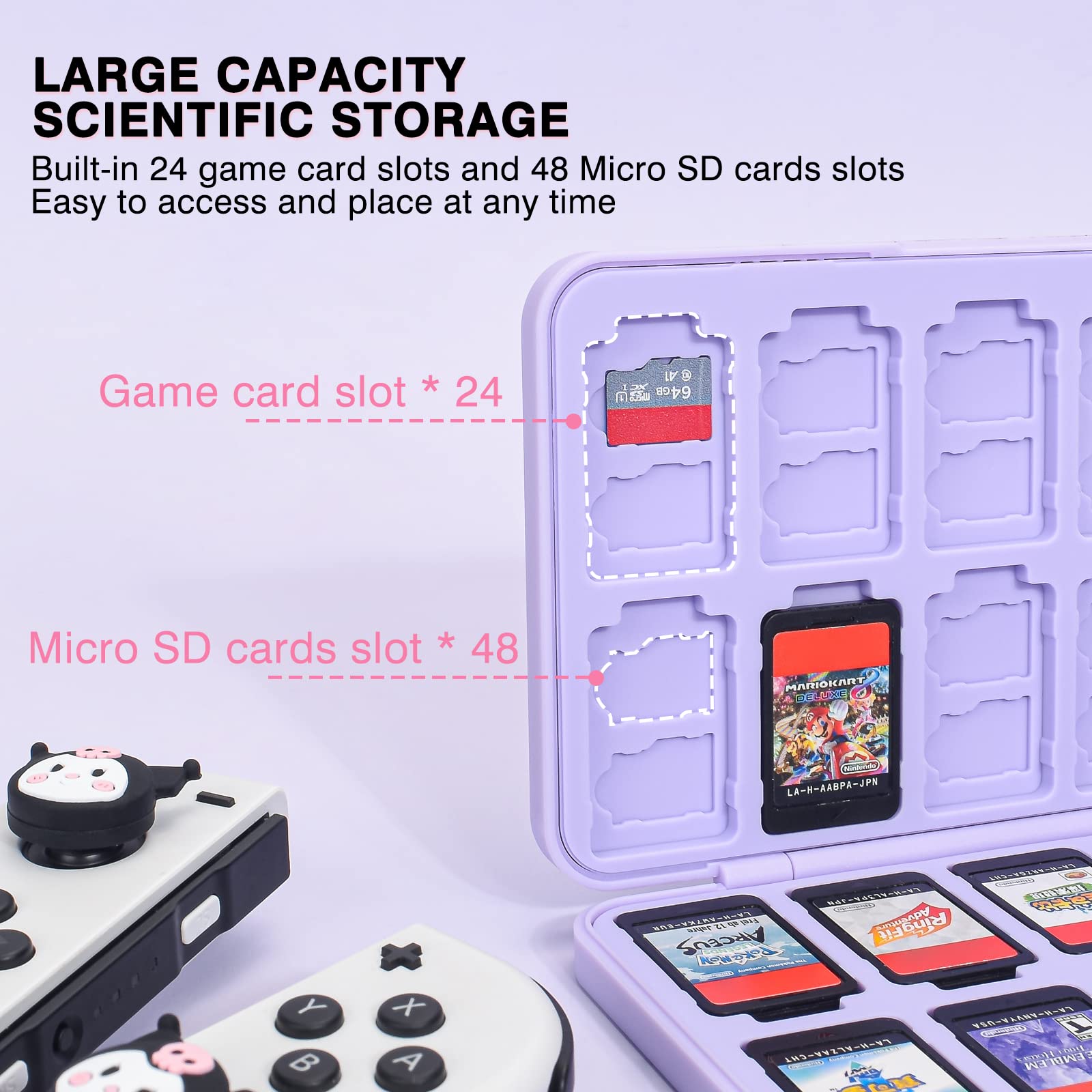 DLseego Little Evil Rabbit Game Case For Switch / Lite / OLED, 24 Slots Game Cards Holder and 48 Micro SD Card Slots, Portable Game Card Storage Cartridge with 2PCS Lovely Thumb Grips -- K Purple