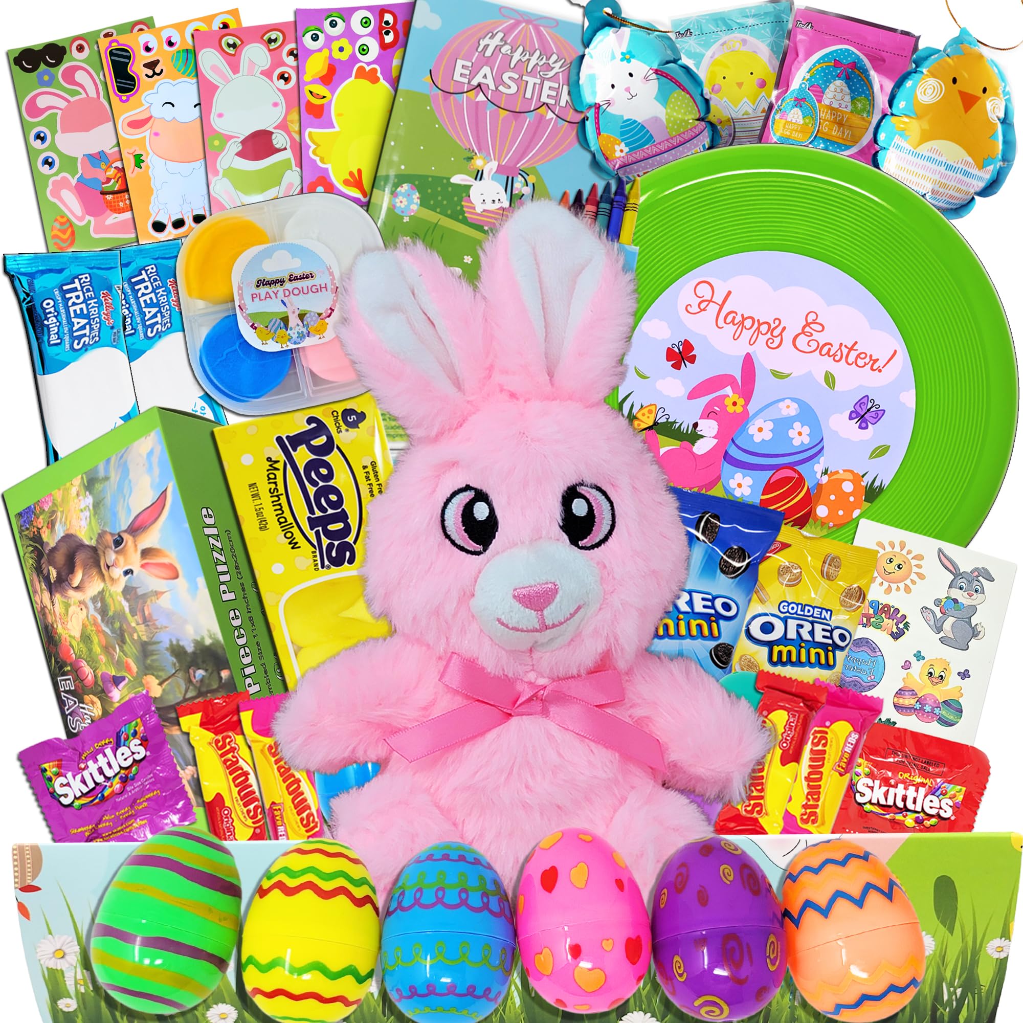 Easter Care Package for Kids - Prefilled Complete with Toys & Candy, Pre-made Basket Fillers Stuffed Box, Boys, Girls, Adults, teens,toddler, Premade Easter Baskets, (Pink Bunny)