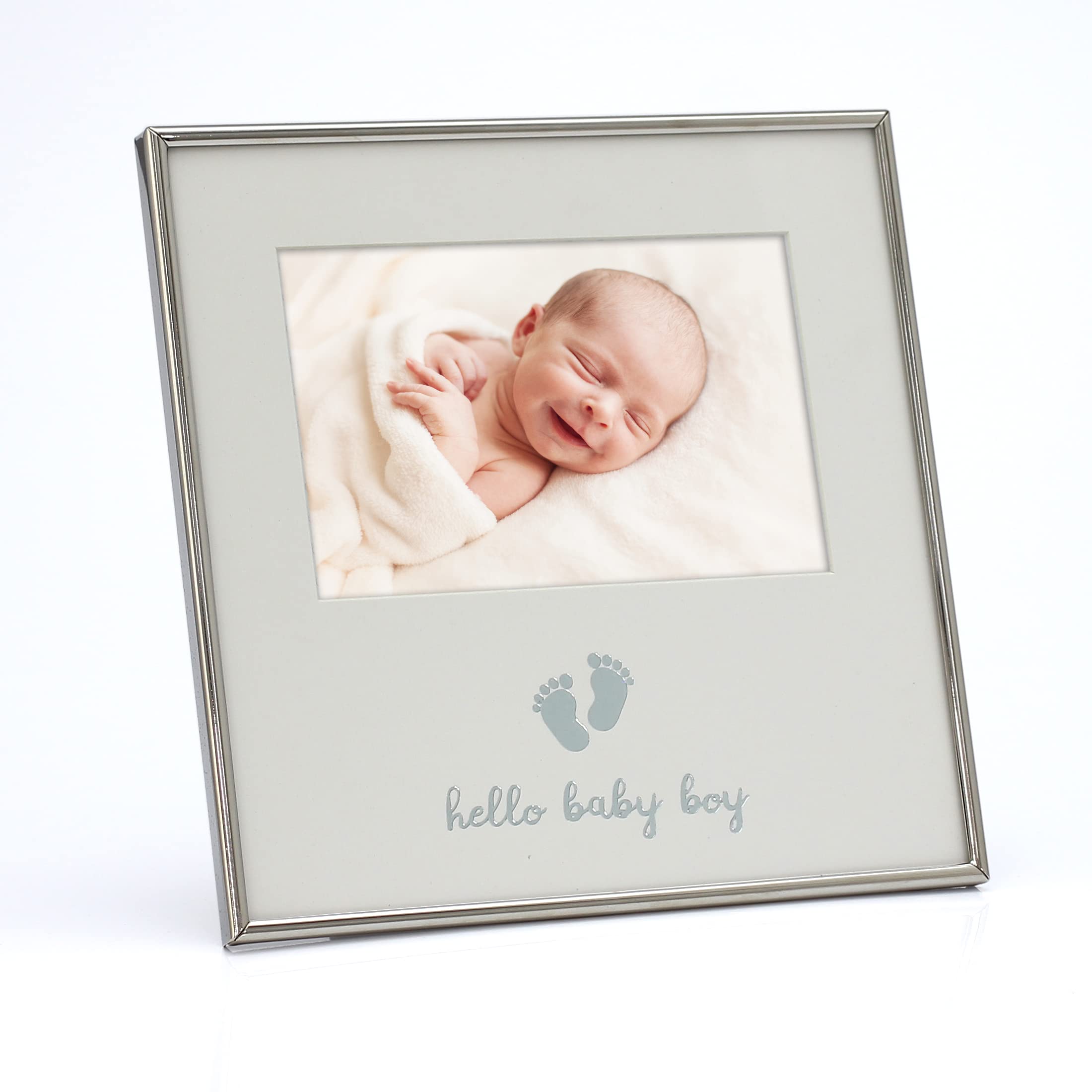 MIMOSA MOMENTS Metal 8''x 8'' Silver-tone with Silver Foil Baby Footprint Photo Frame, The Boys Picture Frame Matted 6''x4''Photo Display (4x6 horizontal, Silver-tone)
