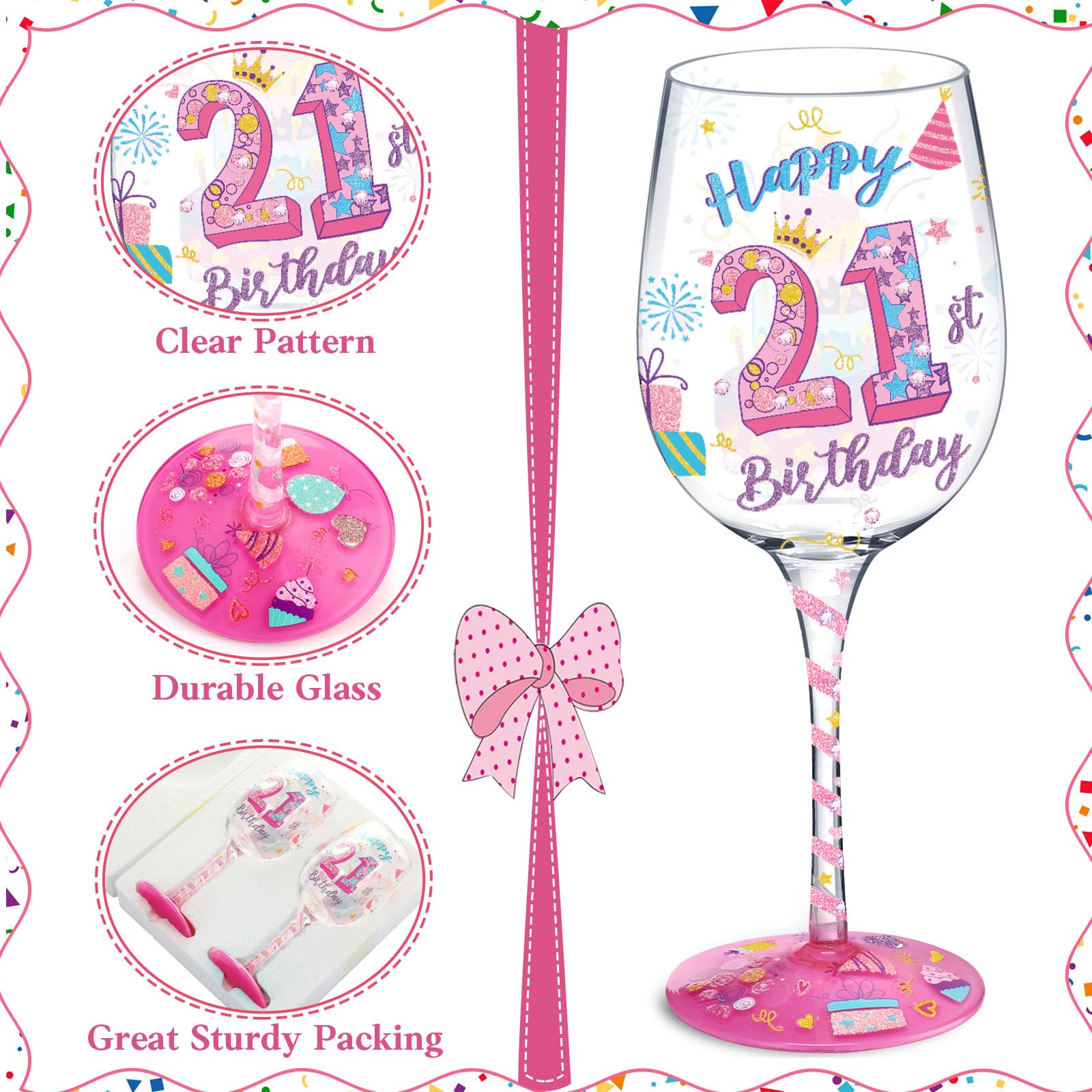 Funnymoom Hand Painted Wine Glass Birthday Gifts for Her Artisan Painted 15oz Gift Happy Birthday Cups (Pink,21st Birthday)