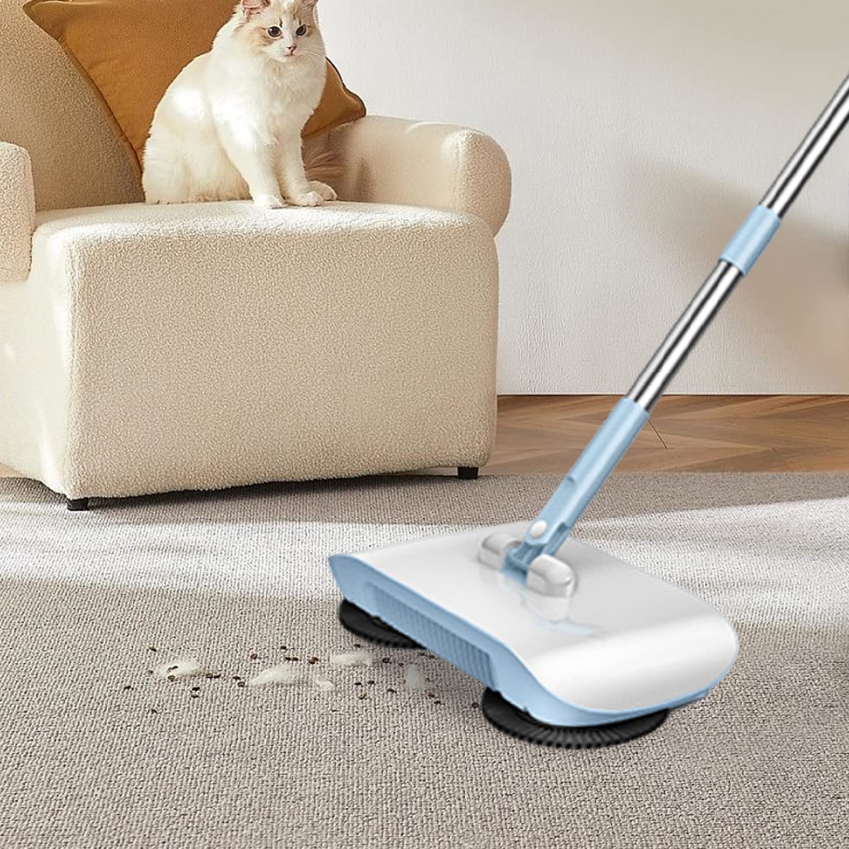 Hand Push Sweeper, 3 in 1 Household Sweeper Vacuum Cleaner, Crumb Sweeping Mop, Easy to Use Microfiber Mop Home Cleaning Tool for Home Use (Blue)