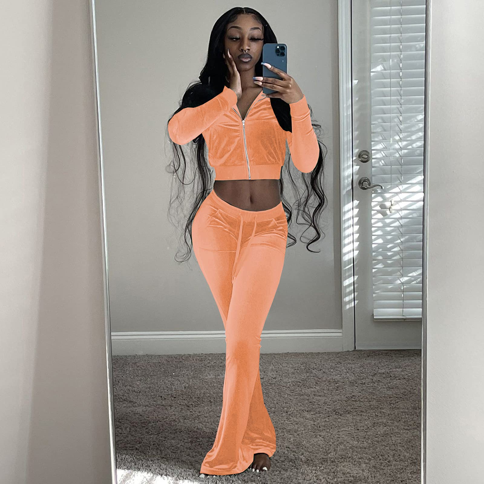 CCIGO Women's 2 Piece Outfits Velvet Sweatsuits Zip-up Jacket Casual Jogger Tracksuit Set with Pockets Small Orange