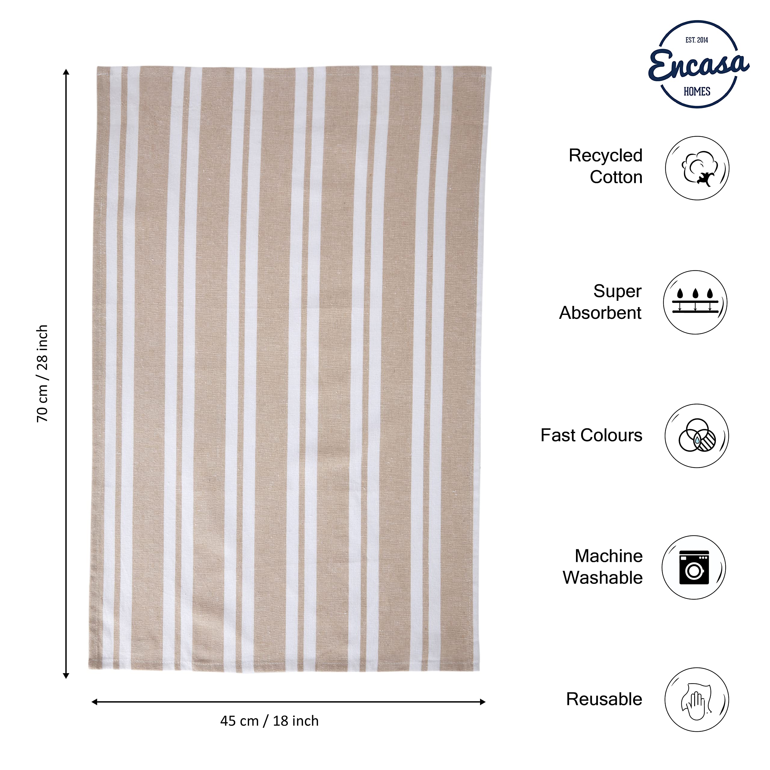 Encasa Homes Anti-Odour Kitchen Dish Towels, 18 x 28 inch (4 Pc Set) Highly Absorbent, Tea Towels for Cleaning & Quick Drying, Eco-Friendly Cotton Franca Beige Stripes