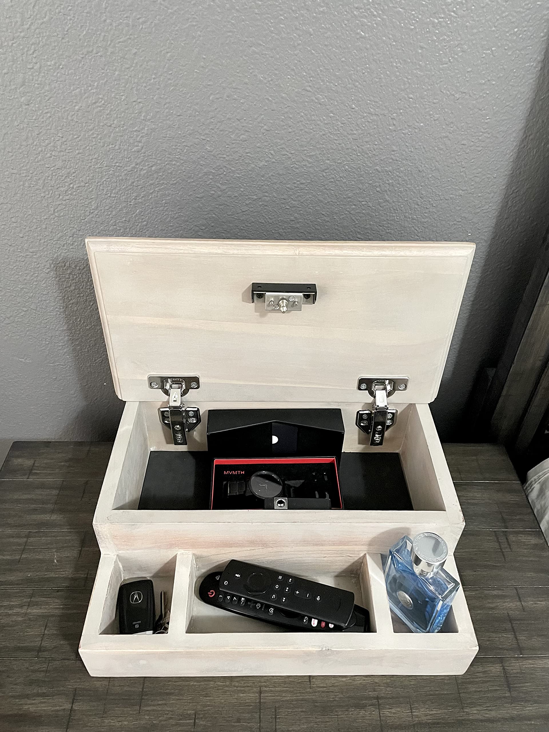 Concealed Catch-All β Concealment Valet Tray Organizer β Jewelry and Watch RFID Lock Box β EDC Tray (Whitewashed Wood)