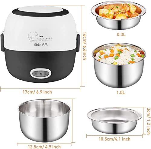 Thousanday Electric Lunch Box- 110V 200W Removable Stainless Steel Food Heating Rice Cooker - with Bowl, Plate, Measuring Cup (Black)