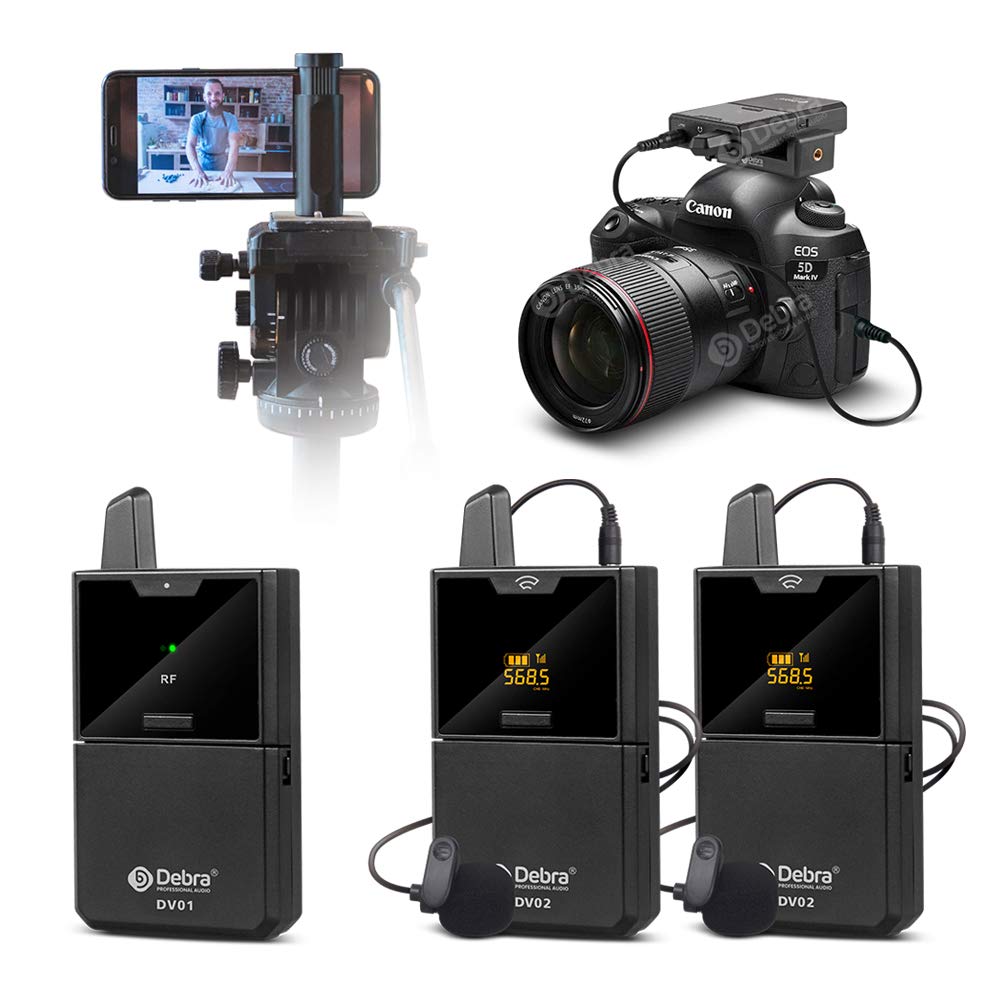 D Debra DV-02 UHF Wireless Lavalier Microphone with Remote Real-time Monitor Compatible with Smart Phone, DSLR Camera for Video Recording Interview