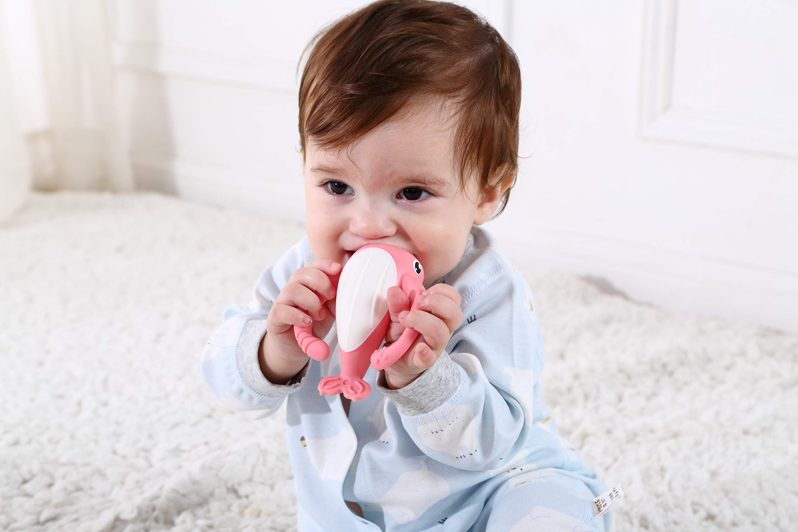Smily Mia Nora Narwhal Soft Silicone Teething Toy/Toothbrush with Two Handles for 3M+ Babies Teething Pain Relief, Pink