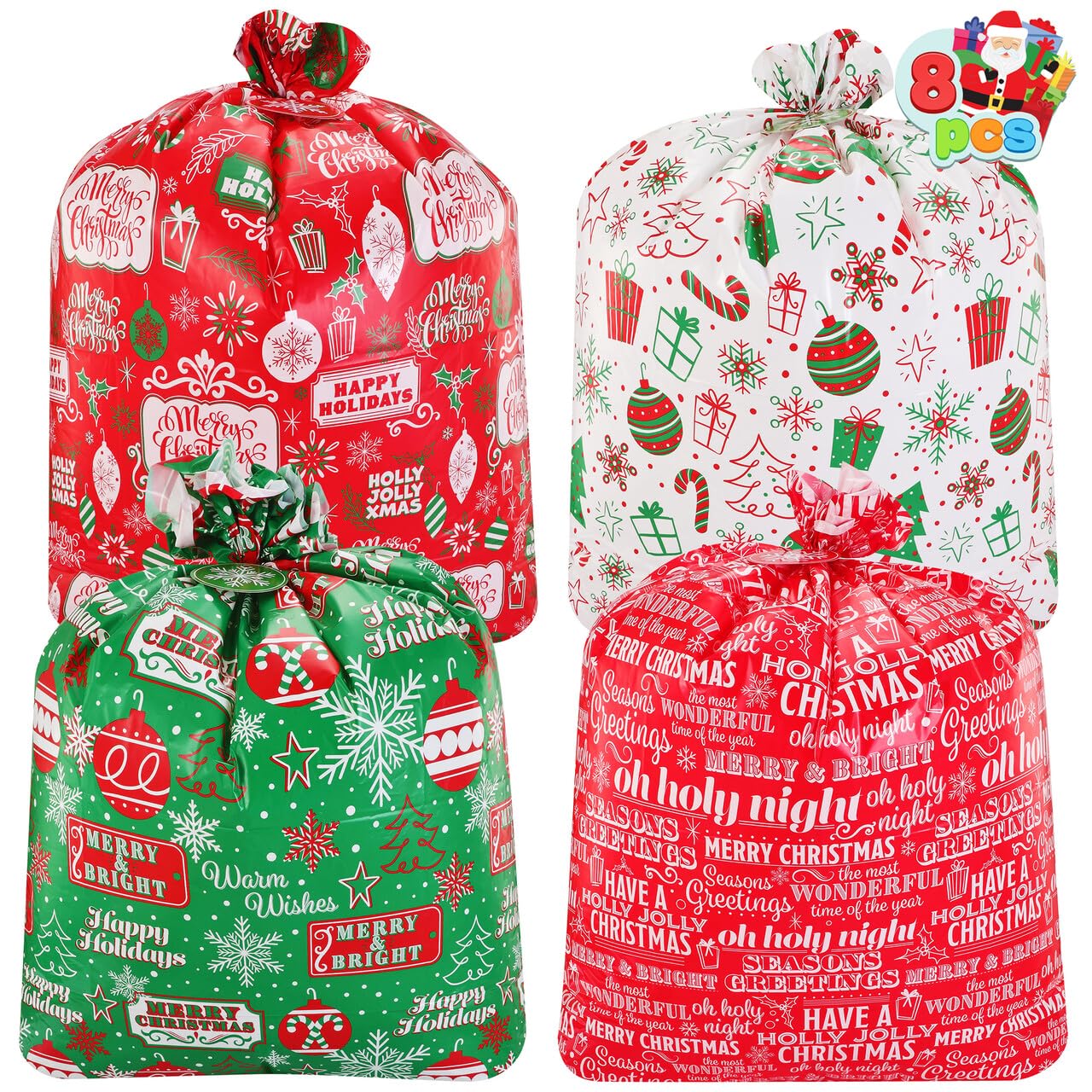 JOYIN 8 Jumbo Christmas Giant Goody Gift Bags 44” X 36” with Gift Tags for Holiday Treats, Oversize Xmas Gifts, Heavy Duty Party Favor Supplies, Large Goodie Bags