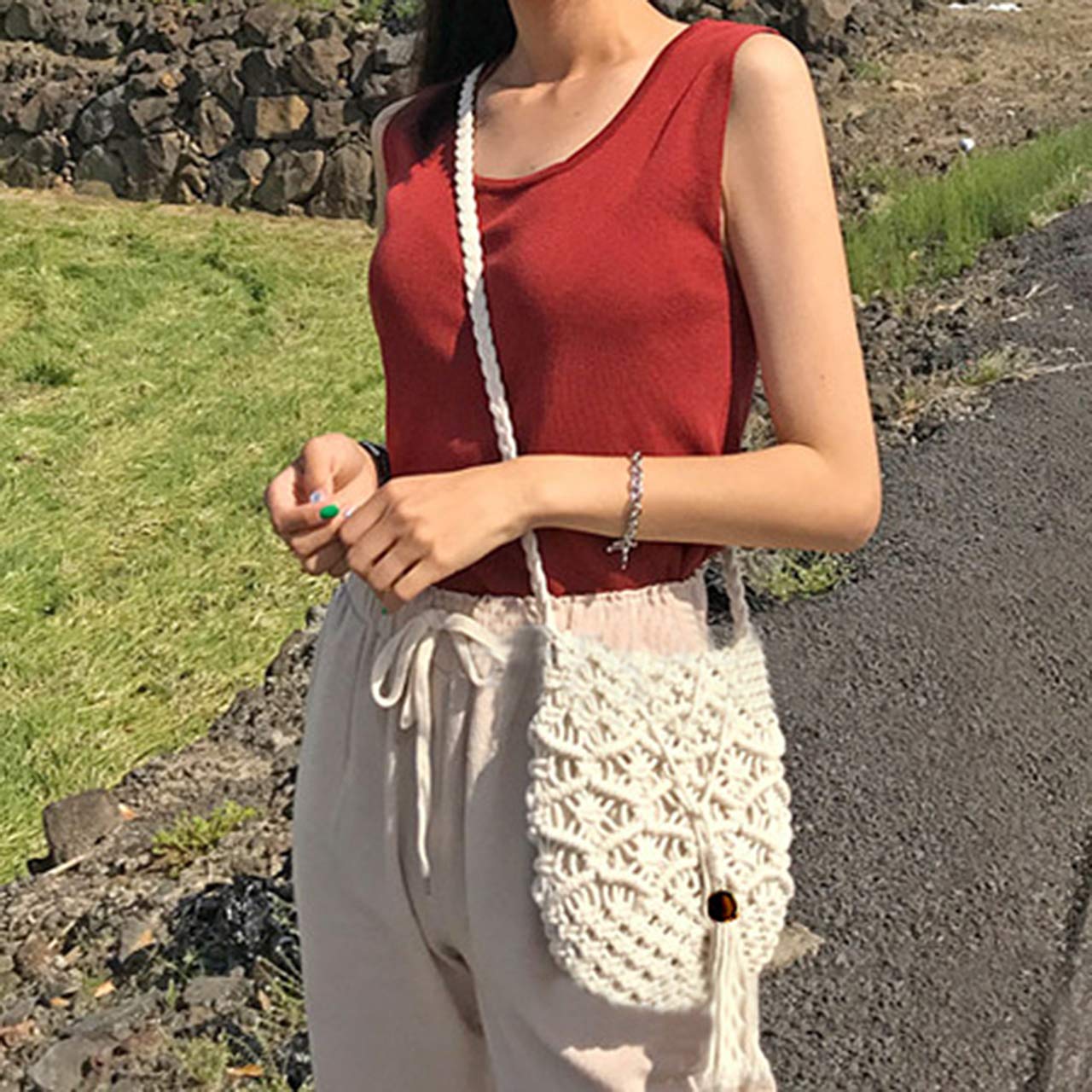 CHIC DIARY Women Cotton Crochet Crossbody Bag Handmade Woven Beach Bohemian Shoulder Purse (White)