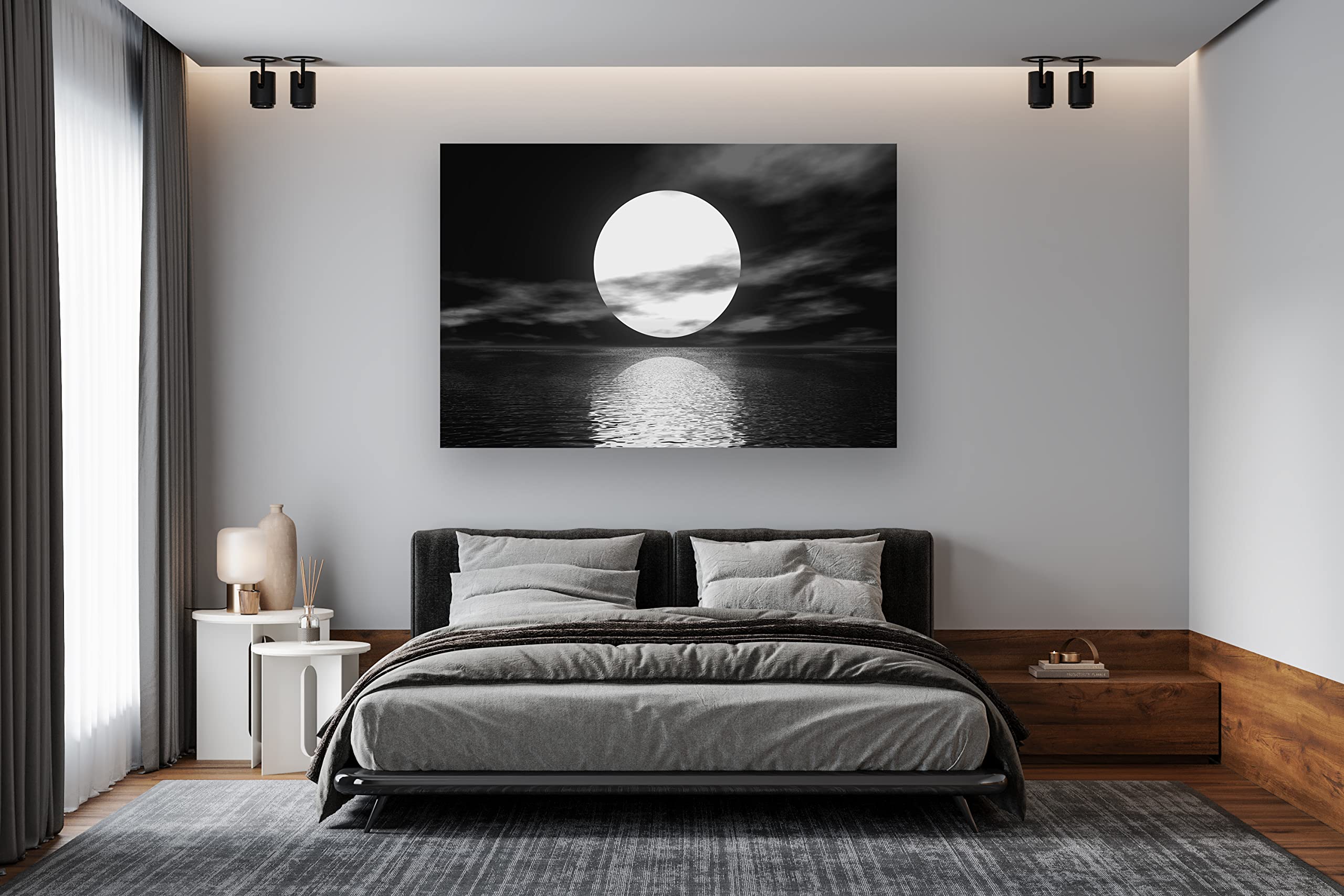 Cao Gen Decor Art S06481 Wall Art Canvas Sea White Full Moon in Night Picture Canvas Poster Print Black and White Ocean for Living Room Bedroom Kitchen Home Decorations Framed Artwork