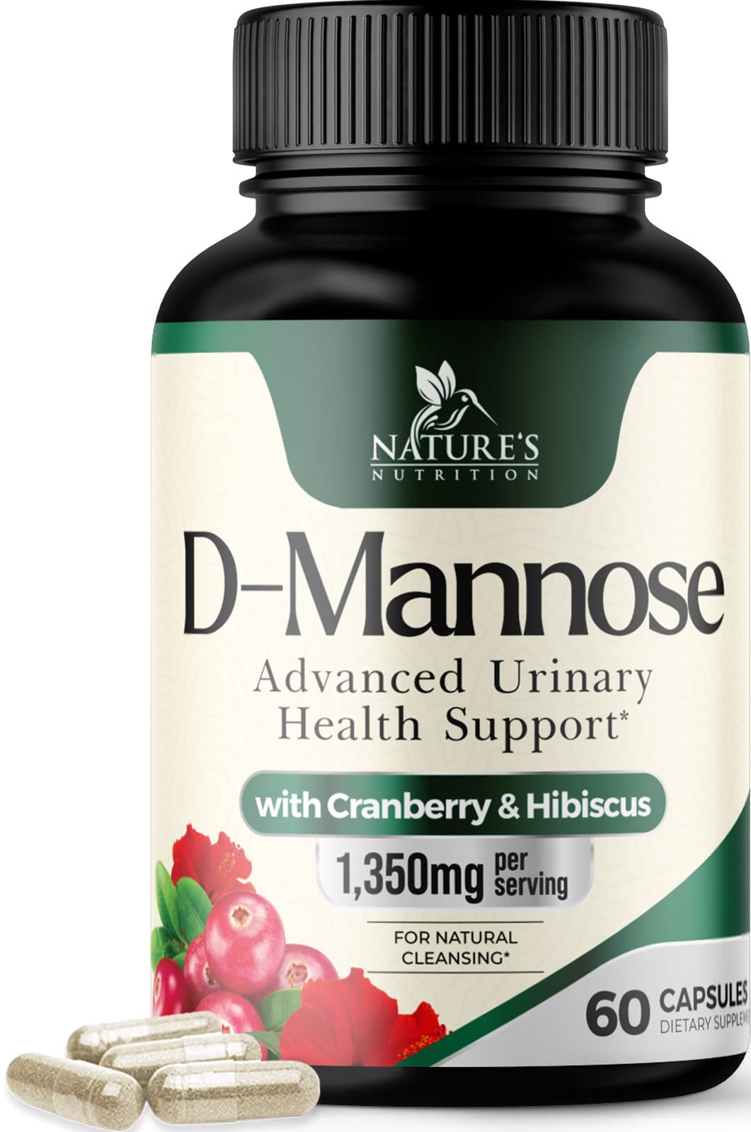 D-Mannose & Cranberry Extract 1350mg Advanced Formula, Fast-Acting Natural Urinary Tract Health Support for Women & Men, Flush Impurities in Urinary Tract & Bladder, Non-GMO, Vegan - 60 Capsules