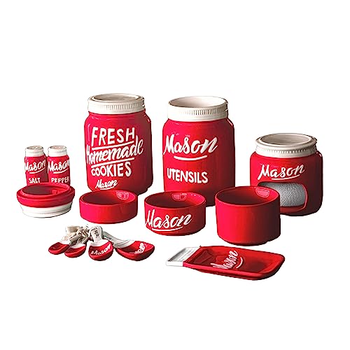 Mason Jar Kitchenware 17-Piece Set - Vintage Kitchen Accessories - Measuring Cups & Spoons, Spoon Rest, Salt & Pepper Shakers, Sponge Holder, Cookie Jar, Utensil Crock - Mother's Day Gift - Red