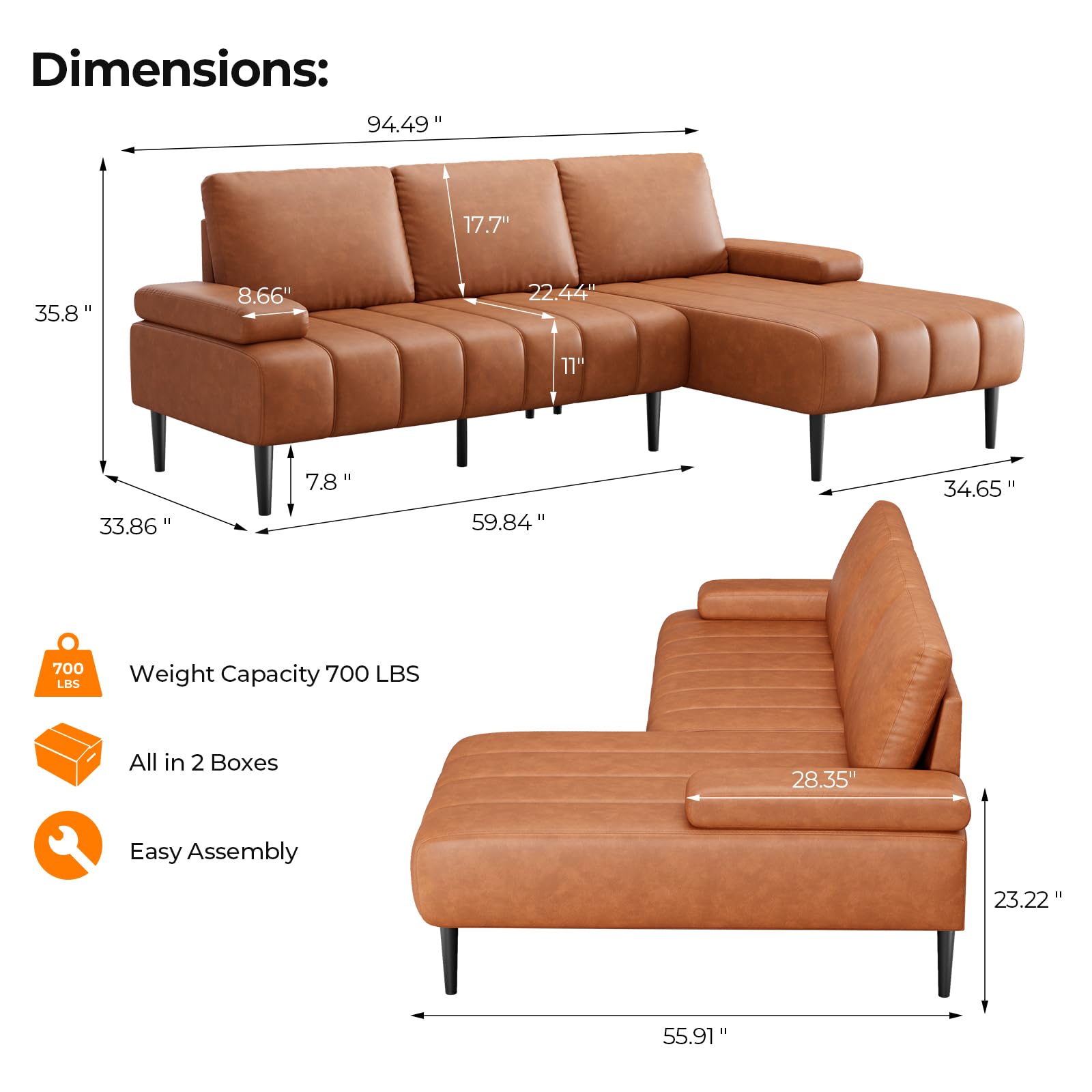 Fadware Sectional Couch for Living Room, 94.5'' Faux Leather L-Shaped Sofa Couches, Modern Upholstered 3 Seat Couch with Removable Armrest and Not Convertible Chaise for Apartment, Grey