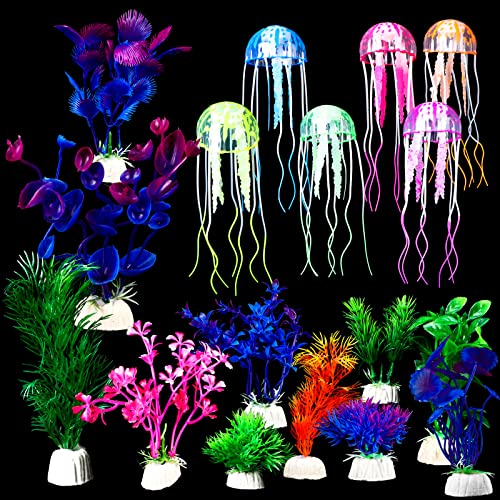 Yinder 17 Pcs Fish Tank Decorations, Include 11 Aquatic Plants and 6 Artificial Jellyfish, Colorful Fish Tank Plastic Plants Accessories for Aquarium Household and Office Fish Tank