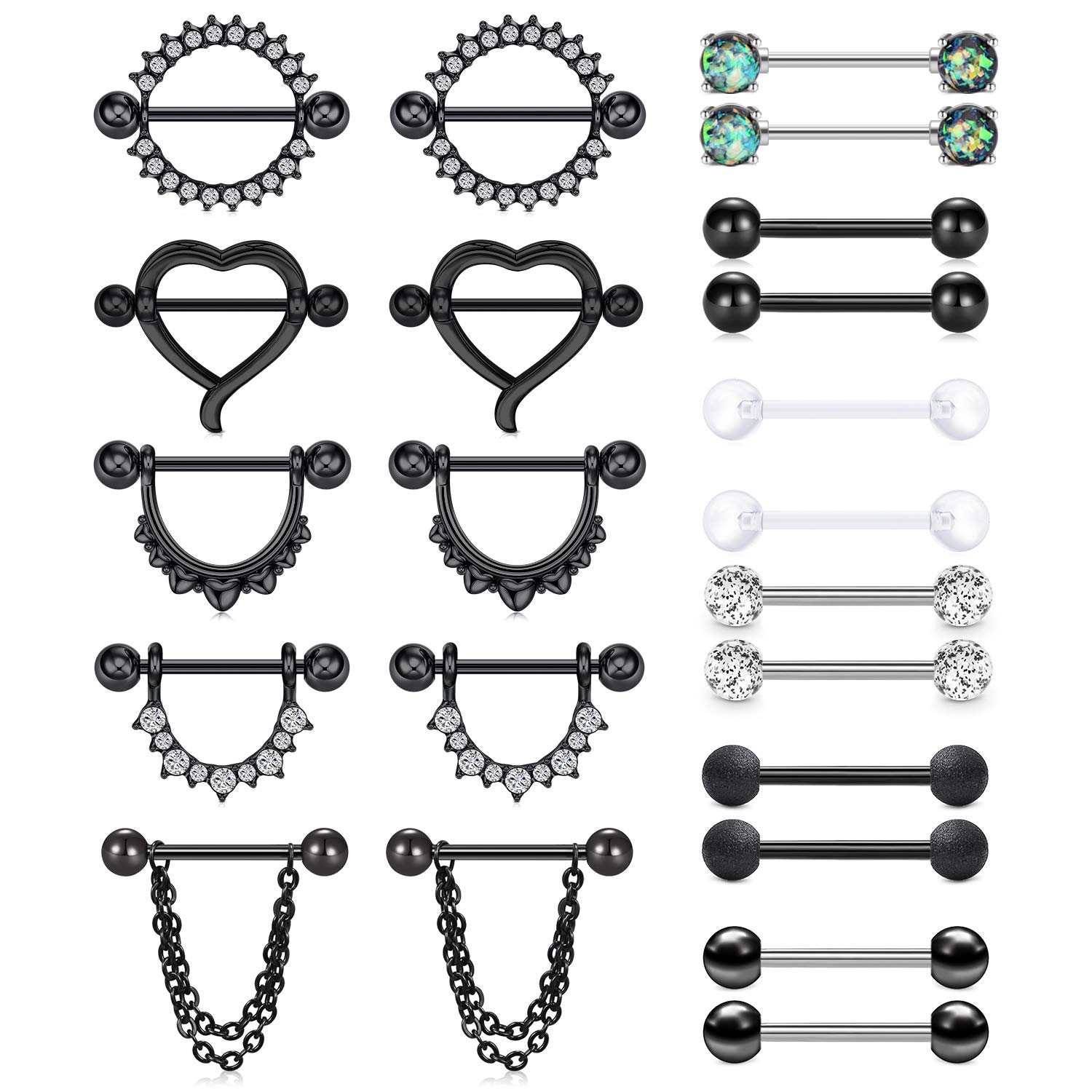 D.Bella 14G Nipple Rings Stainless Steel Straight Barbell Tongue Rings Nipplerings Piercing Women CZ Heart Chain Dangle Nipple Piercing Jewelry for Women 14mm 9/16Inch 11 Pairs