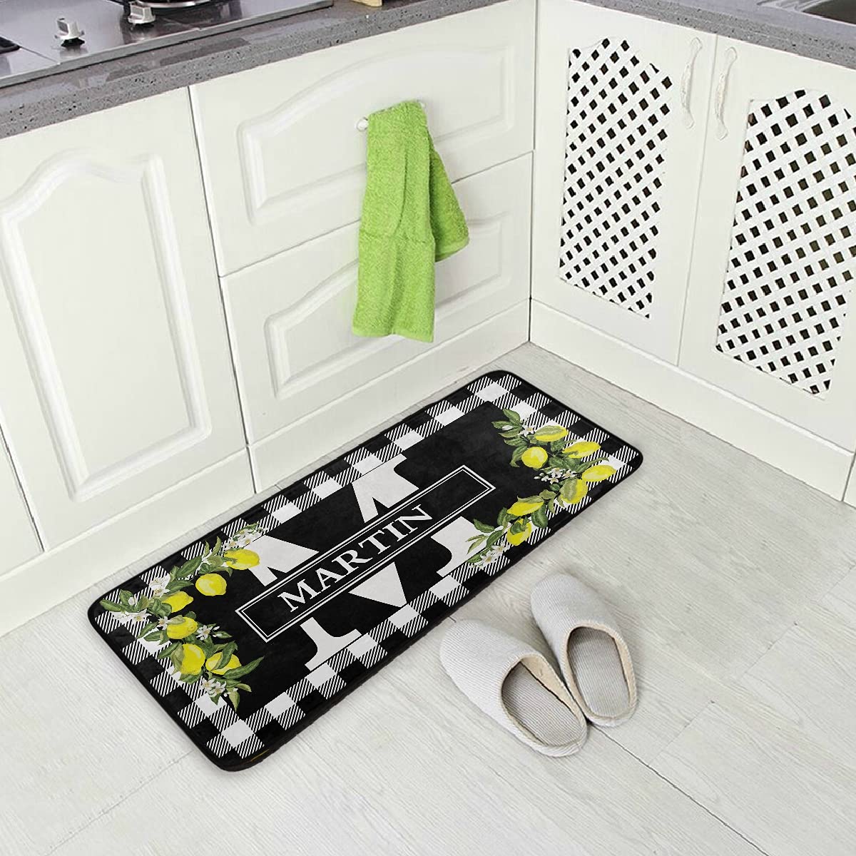 Custom Family Name Buffalo Plaid with Lemon Doormat Non-Slip Anti Fatigue Personalized Kitchen Rug 39 x 20 Inch Personalized Comfort Entryway Door Mats Perfect Carpet for Home Decor