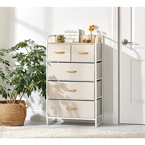 mDesign Tall Dresser Storage Chest - Vanity Furniture Cabinet Tower Unit for Bedroom, Office, and Closet - Textured Print - 5 Removable Drawers - Cream/White
