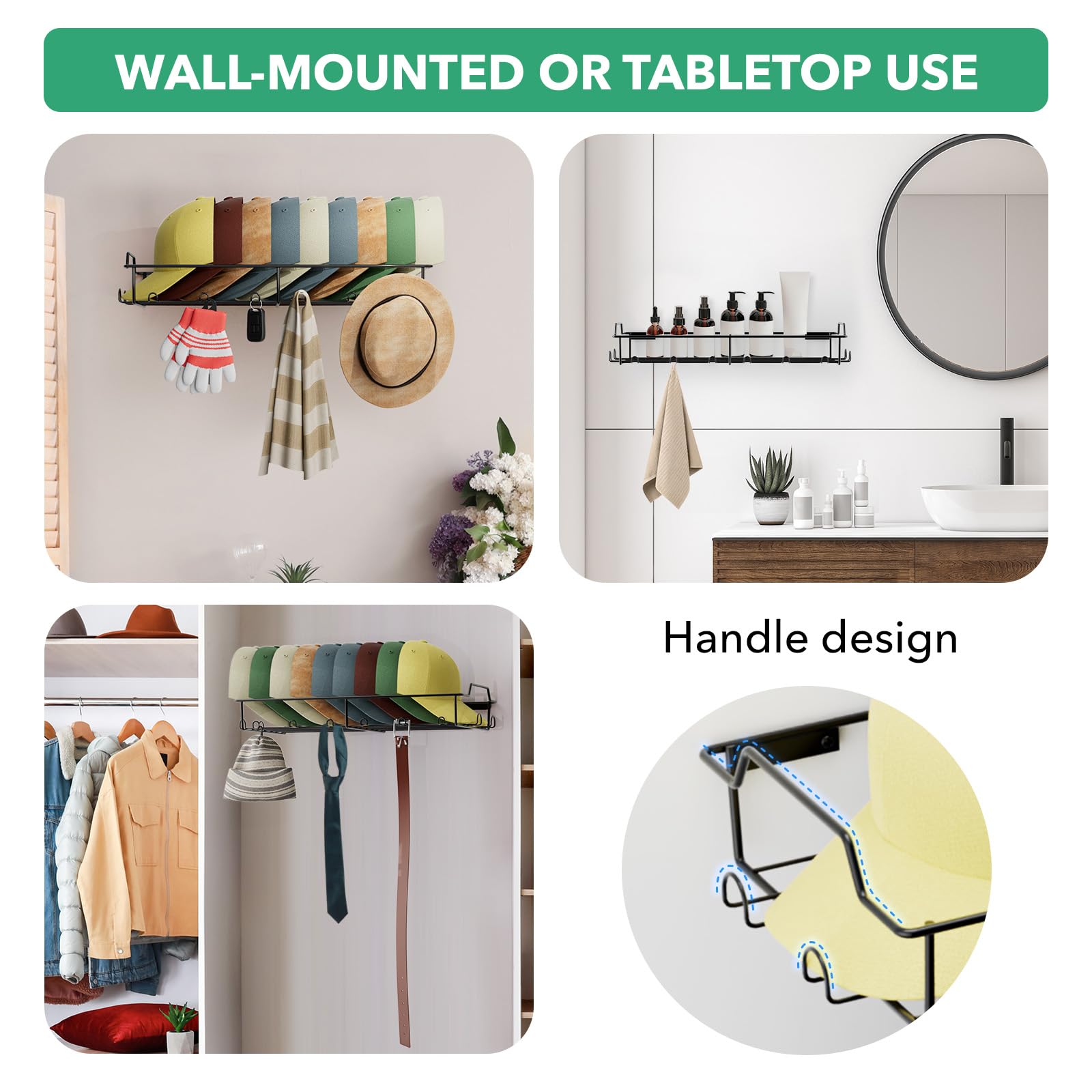 Fairpeak Wall Hat Racks for Baseball Caps, Each Metal Hat Organizer Fit 20 Caps, Sturdy Wall Mounted Hat Storage, for Hanger & Room Closet Display, Fits All Caps Shelves, for all walls, 3 Pack, Black