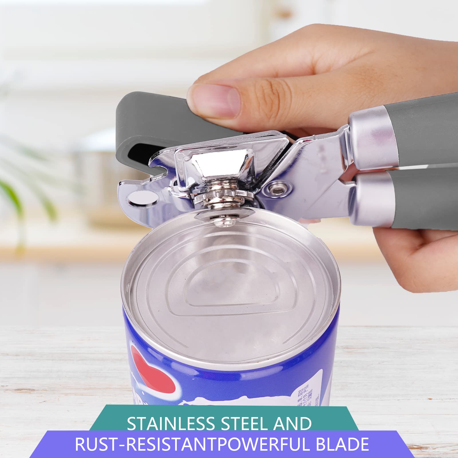 Can Opener Manual, Easy Grip Handheld Can Opener Smooth Edge, Can Openers with Sharp Blade,Safety Effort-Saving Can Opener for Seniors Mama, Kitchen, Commercial Bottles Opener Gray