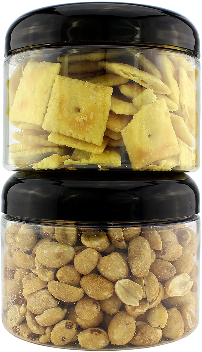Cornucopia 12 Ounce Clear Plastic Jars w/Black Plastic Lids (6 pack); BPA Free PET Stackable Canisters for Bathroom & Kitchen Storage