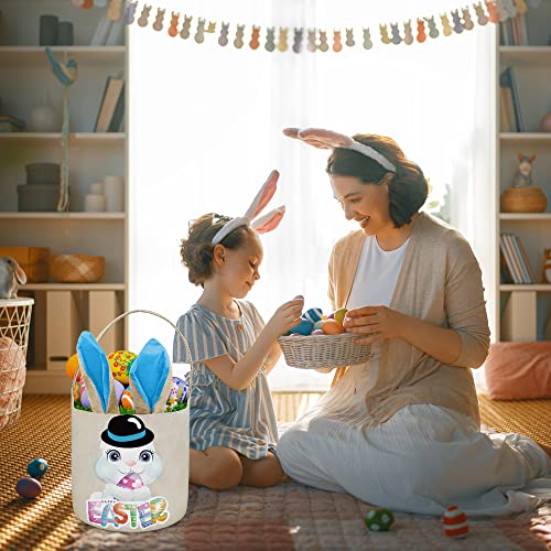 Easter Basket Bunny Canvas Bag - Easter Eggs Gift Baskets for Kids Eggs Hunt Bag Easter Bunny Tote Bag Easter Decorations (Blue)