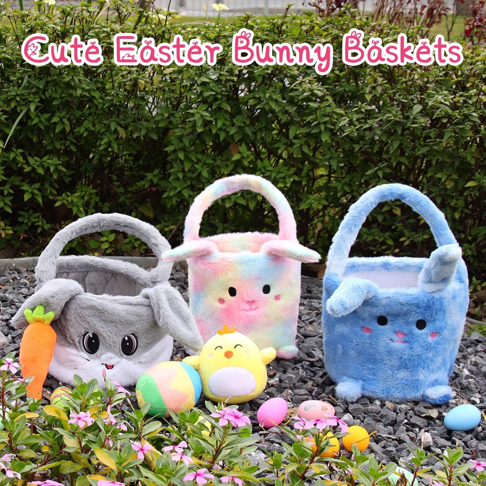 Easter Basket for Kids, Easter Baskets with Handle for Easter Eggs Hunting, Cute Easter Decoration Bunny Bags Filled with Plush Toys, Easter Theme Party Favor Easter Gifts for Boys Girls