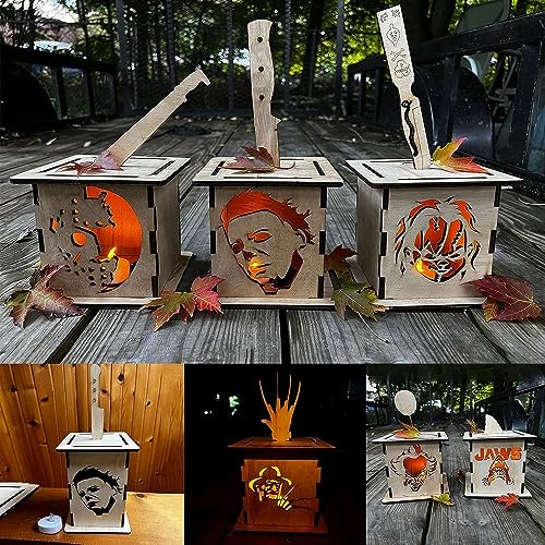 Handmade Halloween Lantern Decorations, Wooden Horror Lantern Lamp with LED Candle, Halloween Horrores Character Lanternes, Halloween Night Light, Horror Party Light Props for Indoor Outdoor (D)