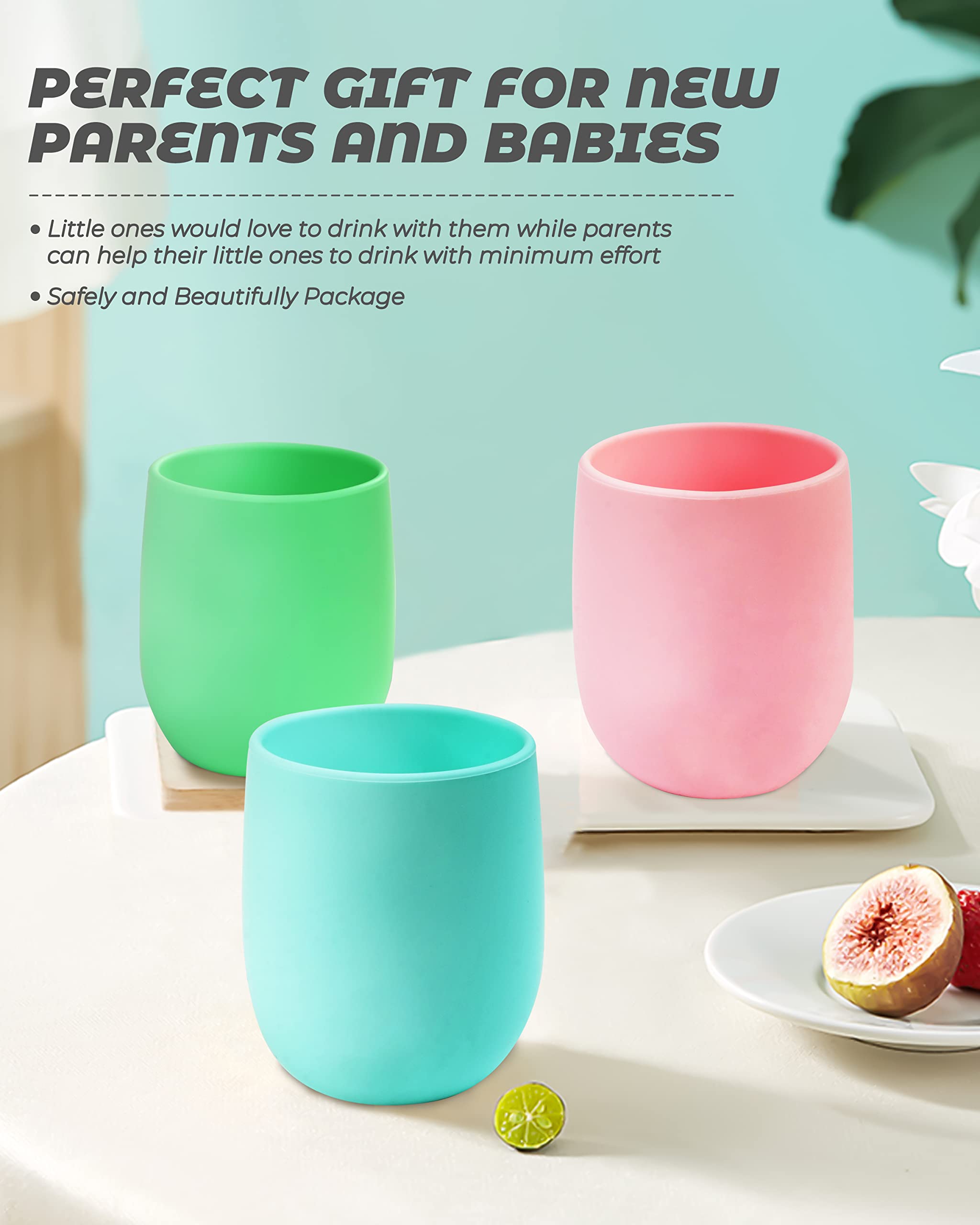 DF DUALFERV 3 pcs Silicone Baby Cup, Tiny Cup for Babies, Open Cup for Baby, Baby Drinking Cup with 3 Colors (Green, Pink, Blue)