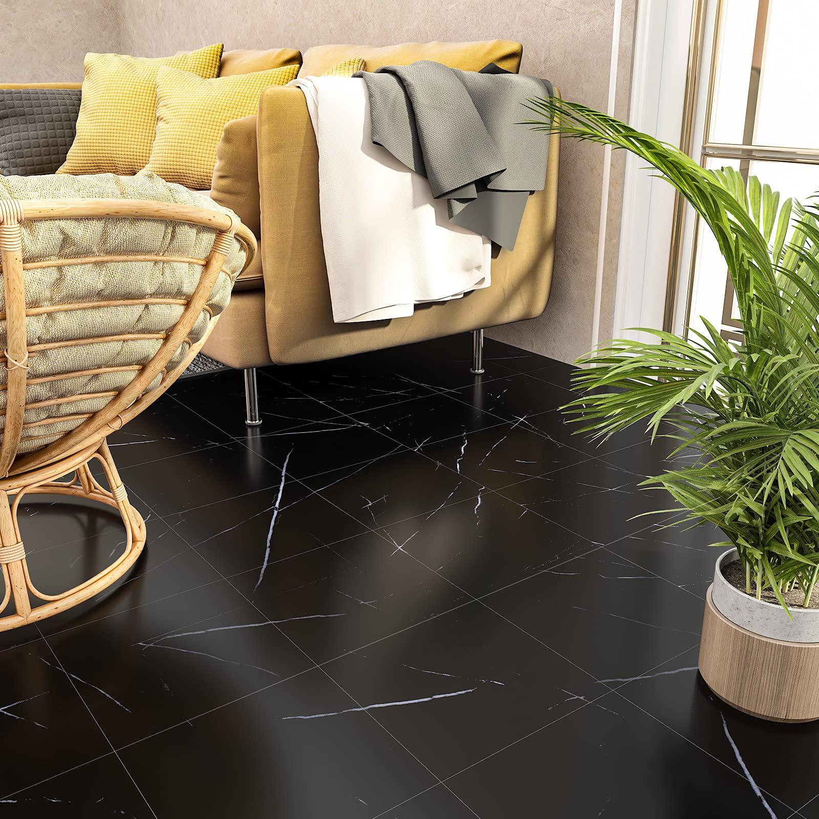CHICHOME 12''x12'' Peel and Stick Floor Tile Black 32 Pack Marble Vinyl Floor Tiles Self Adhesive Vinyl Flooring Tiles Waterproof Removable Stick on Floor Tile for Bathroom Kitchen Bedroom Living Room