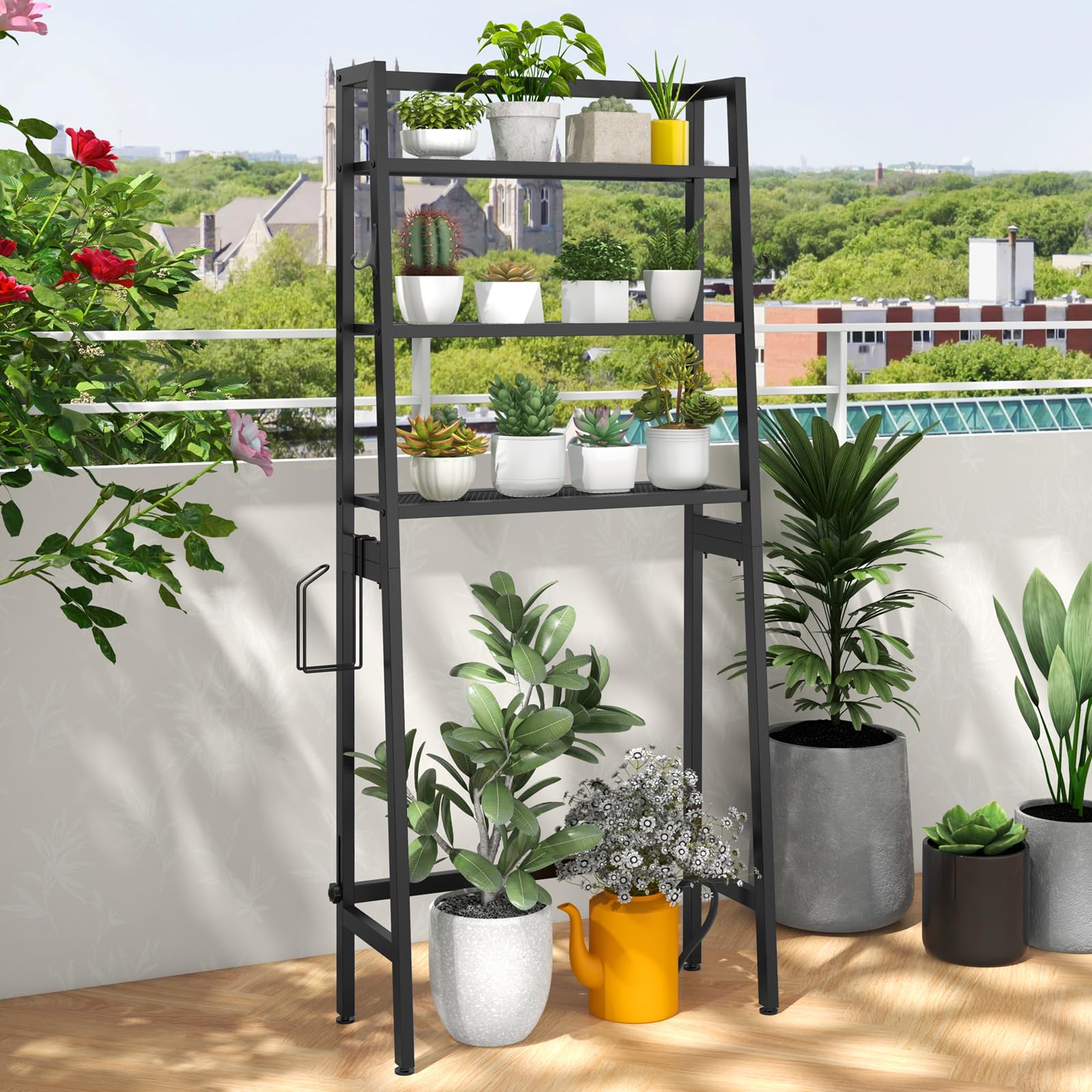 Giantex Over The Toilet Storage Shelf - 3-Tier Freestanding Above Toilet Rack with Adjustable Bottom Bar, Paper Holder, 2 Side Hooks, Metal Bathroom Organizer Shelf, Space Saving Toilet Shelf (Black)