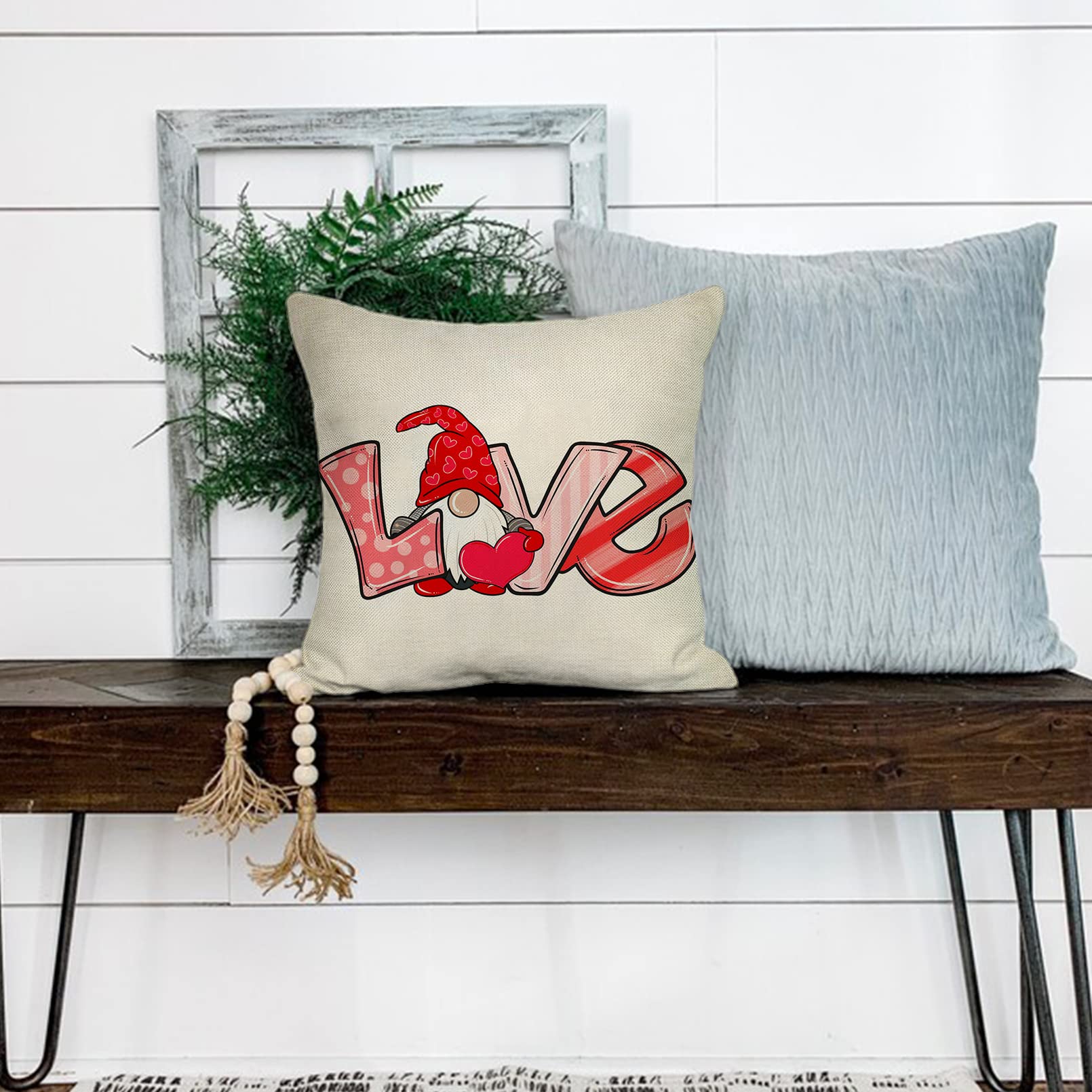 Softxpp Gnome Decorative Throw Pillow Cover, Valentine’s Day Cushion Case Pink Love Heart Sign, Anniversary Wedding Home Spring Decorations Pillowcase Decors for Sofa Couch 18 x 18 Cotton Linen