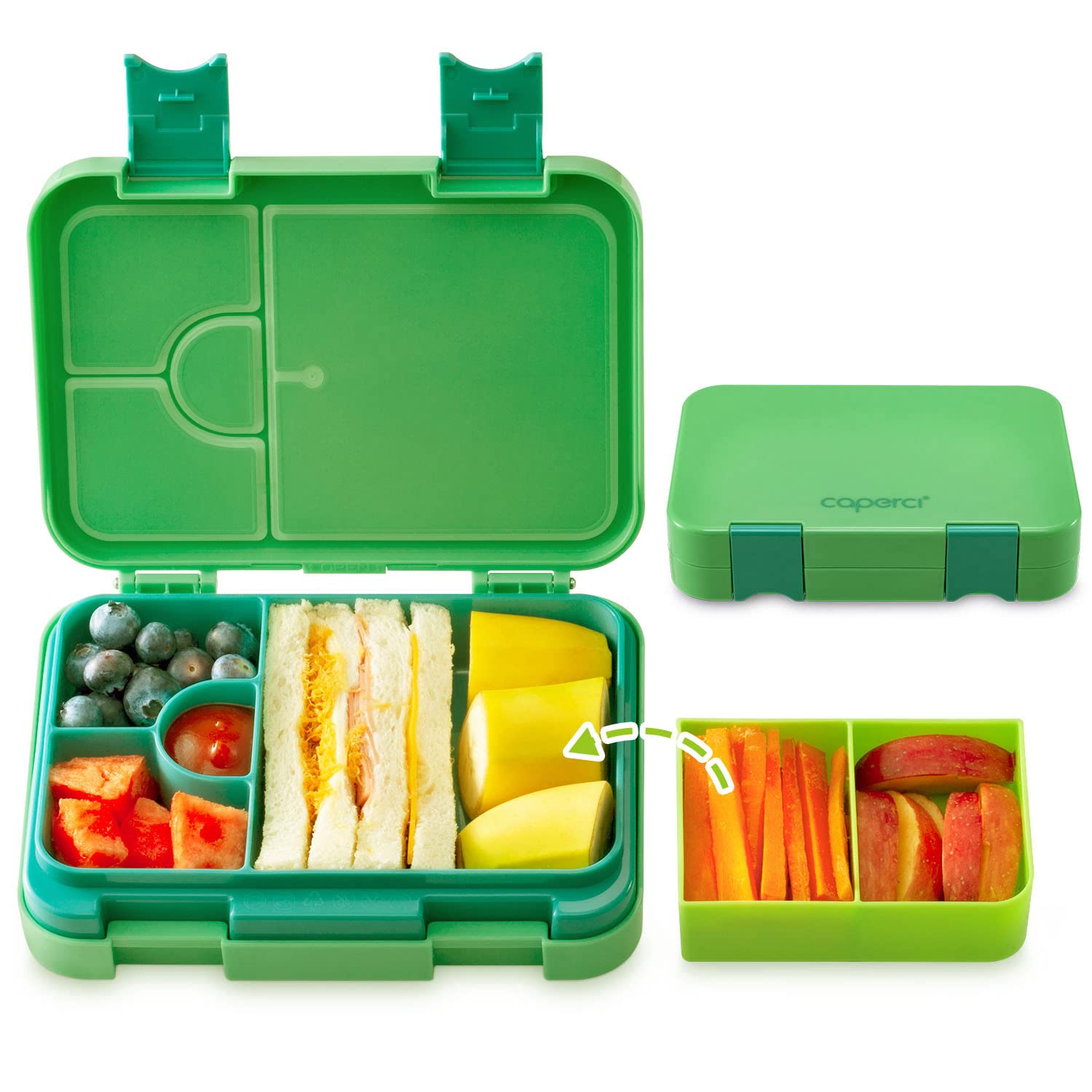 Caperci Versatile Kids Bento Lunch Box - Leakproof 6-Compartment Childrenās Lunch Container with Removable Compartment - Ideal Portions for Ages 3 to 7, BPA-Free Materials (Green)