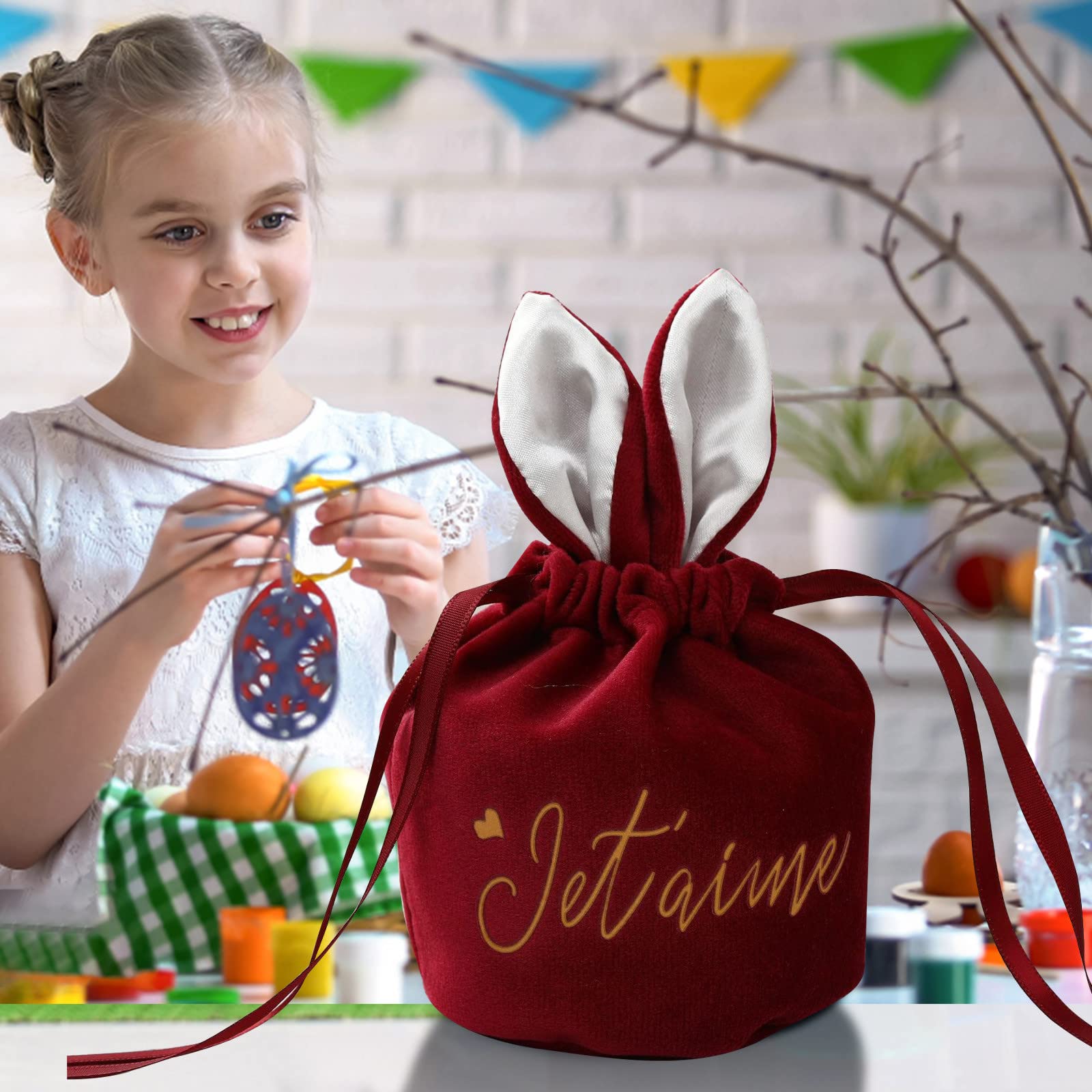 Easter Bunny Bags Easter Egg Basket for Kids, Rabbit Ears Bags Cloth Personalized Candy Egg Bags Rabbit Buckets Gifts Eggs Hunt Basket Bags for Easter Decoration (mixed-3Pcs)