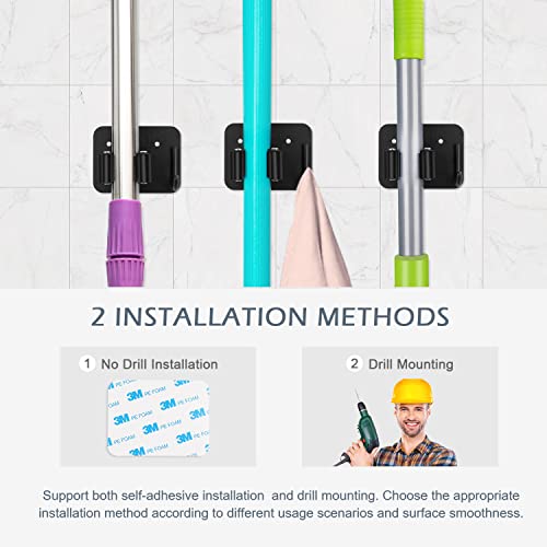 Mop and Broom Holder Wall Mount. Non-slip Stainless Steel Mop Holder Broom Hanger Tool Organizer Self Adhesive. Organization and Storage for Home Garden Garage Kitchen Laundry Room (Black, 4 Pack)