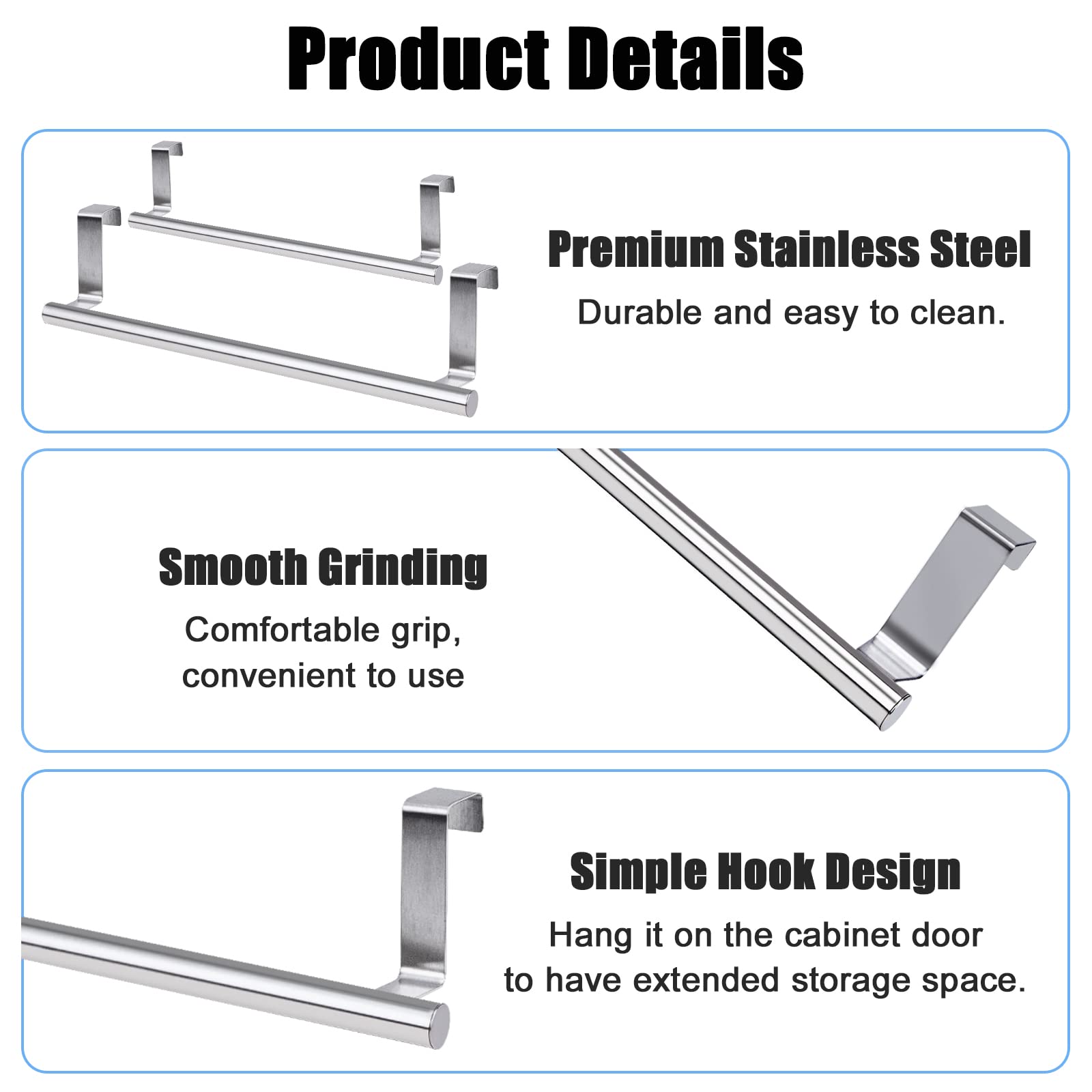 Cabinet Door Towel Bar, Dish Towel Rack for Cabinet, Stainless Steel Kitchen Towel Holder, Over The Door Hand Towel Hanger for Kitchen Bathroom Cupboard, 2 Pack (2*Small)