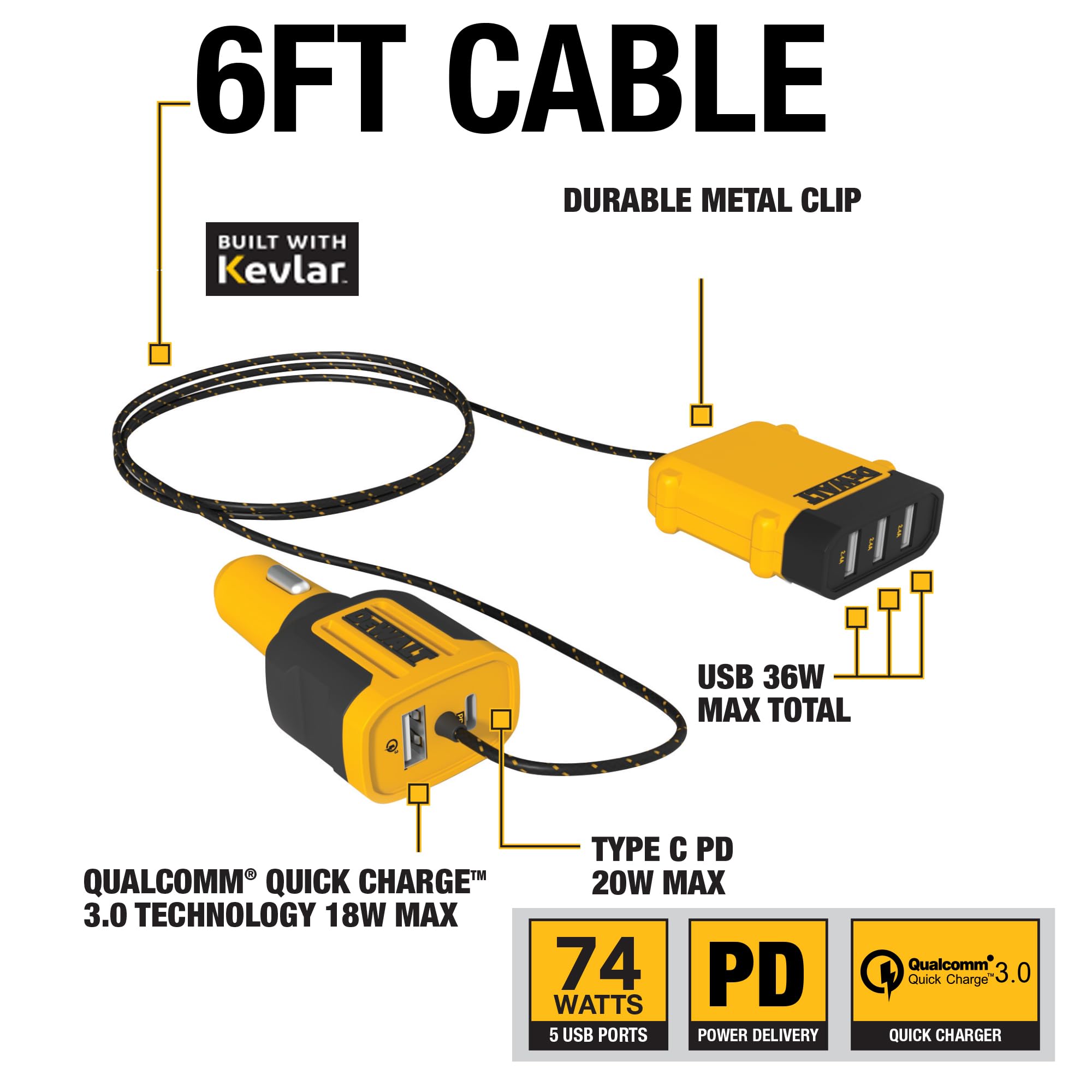 DEWALT 5-Port Front & Back Seat Mobile USB PD Car Charger, 72W Car Charger Adapter, USB Car Charger for Multiple Devices, Cigarette Lighter Adapter USB Charger with Cable for Back Seat Charging