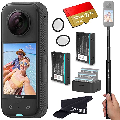 insta360 X3 - Waterproof 360 Action Camera Bundle Includes Extra 2 Batteries, Charger, Invisible Selfie Stick, Lens Guard & 128GB Memory Card Black